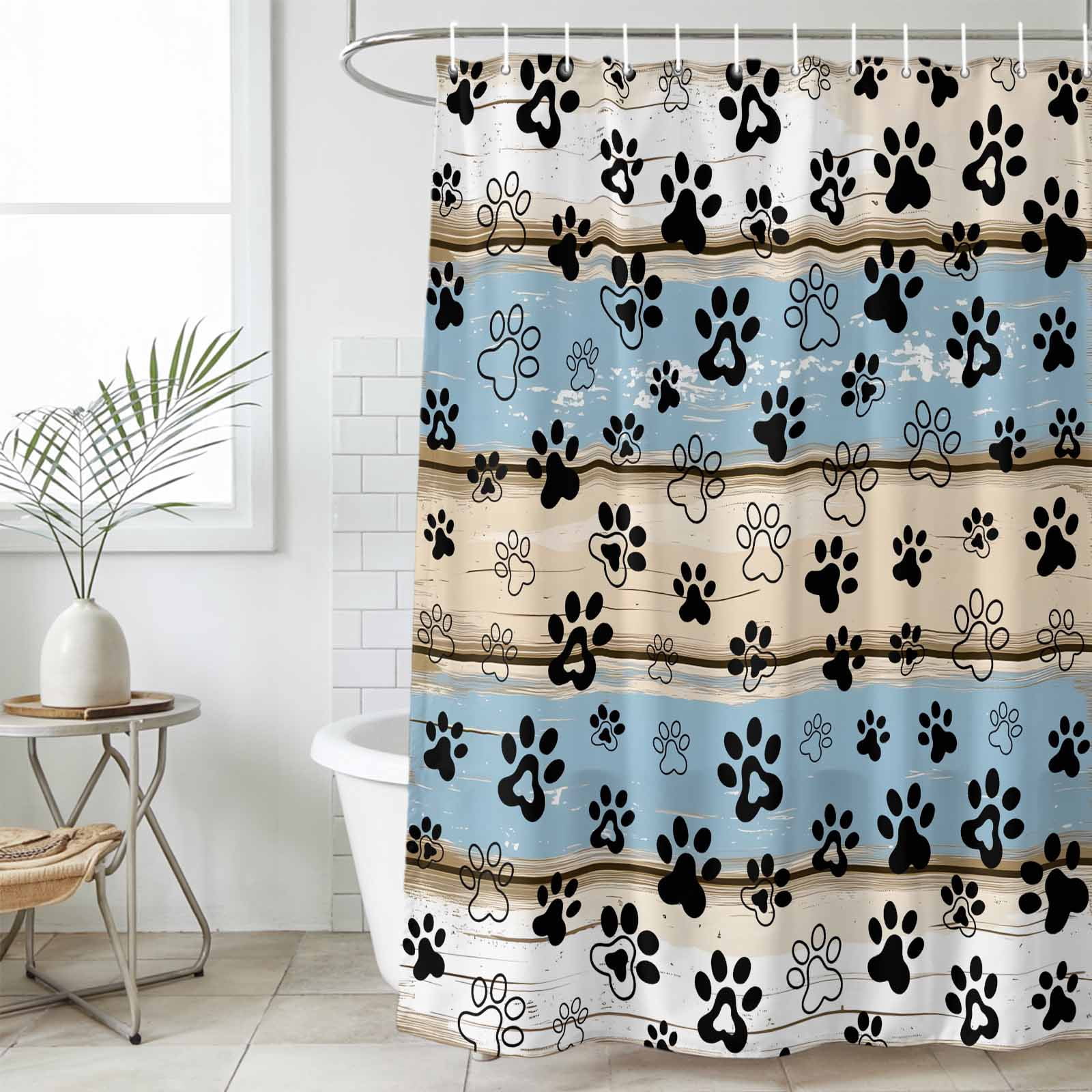 Bathroom Shower Curtain Dog Paw Print Farmhouse Wood Board Waterproof ...