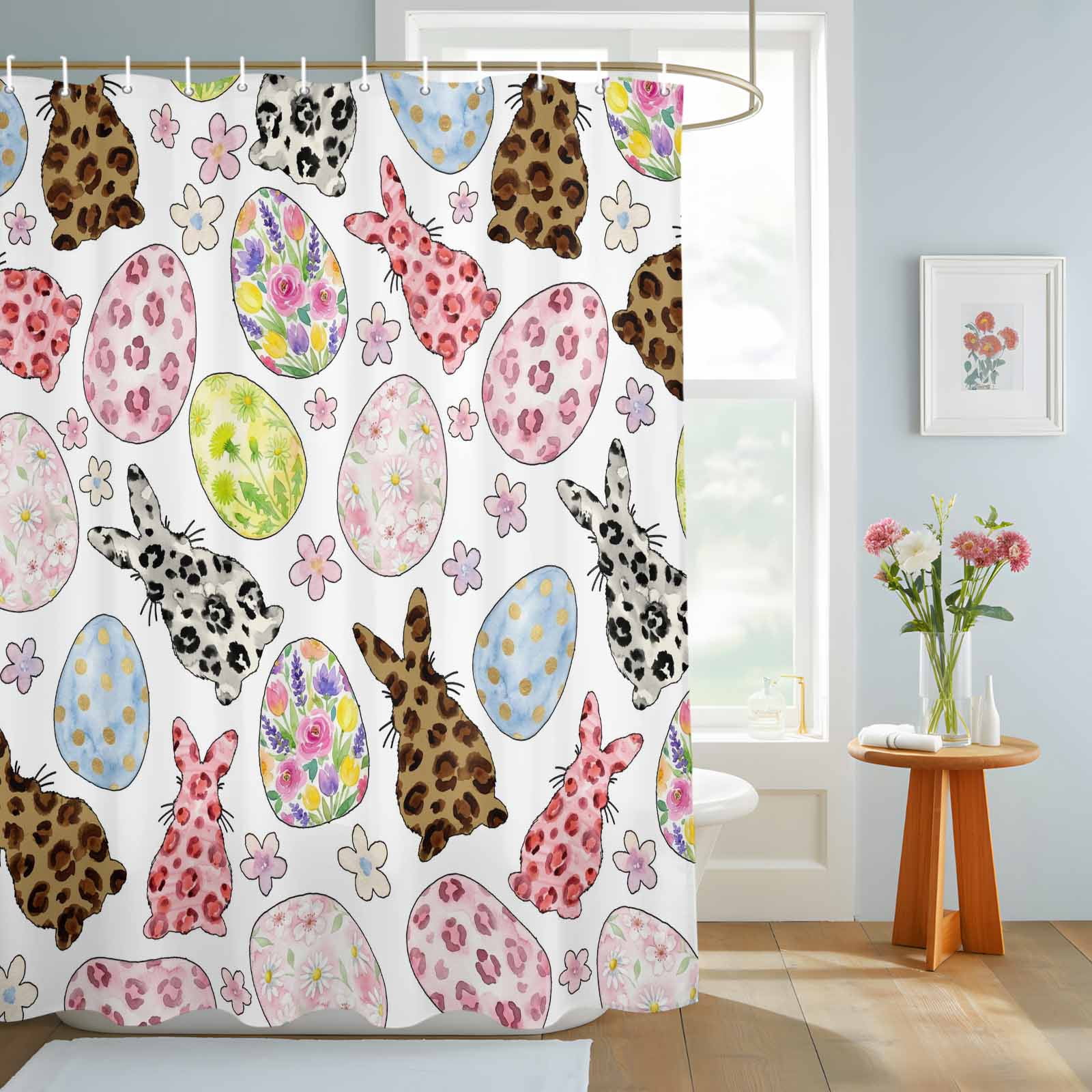 Bathroom Shower Curtain Easter Rabbit Eggs Leopard Texture Waterproof ...