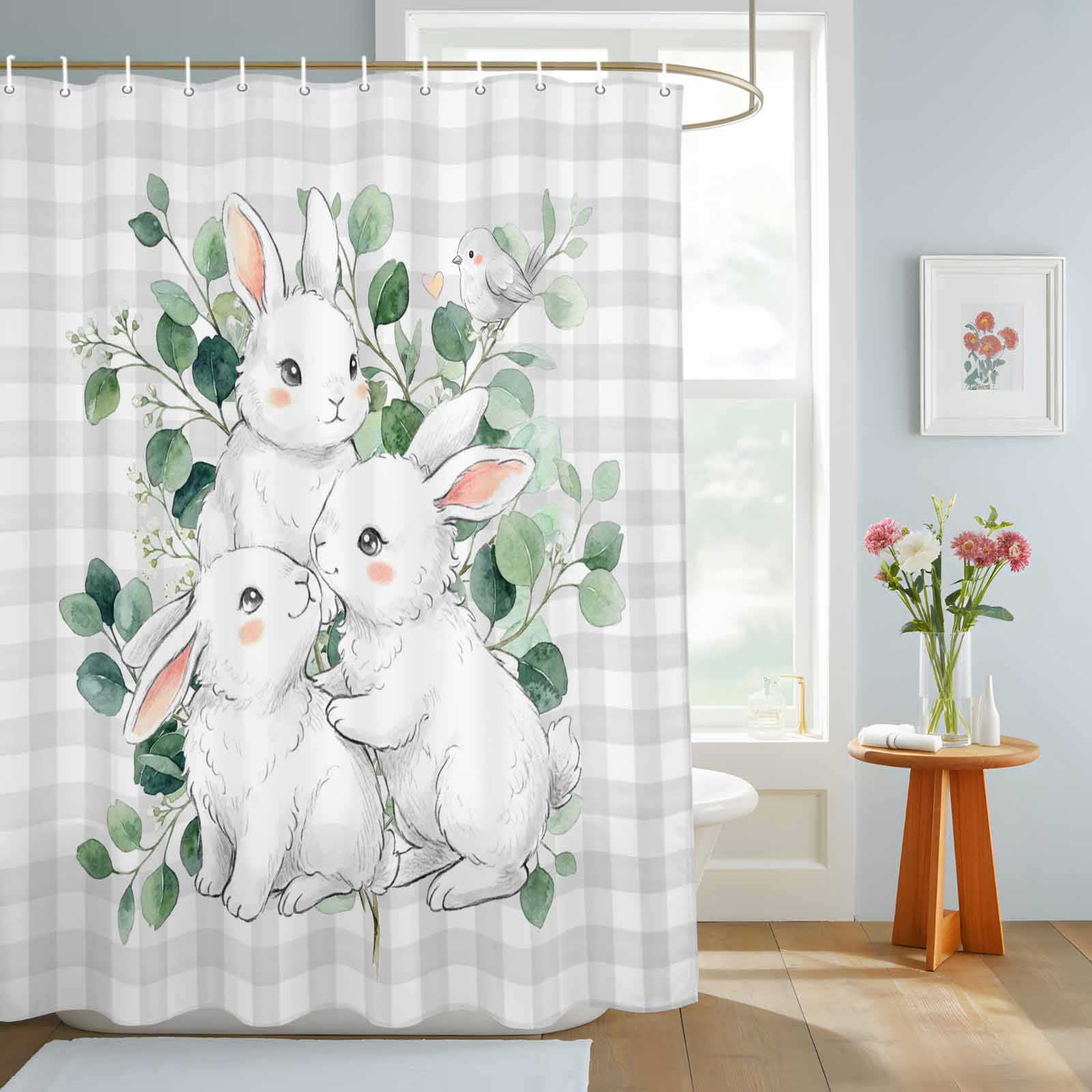 Bathroom Shower Curtain Easter White Rabbit Eucalyptus Leaves ...