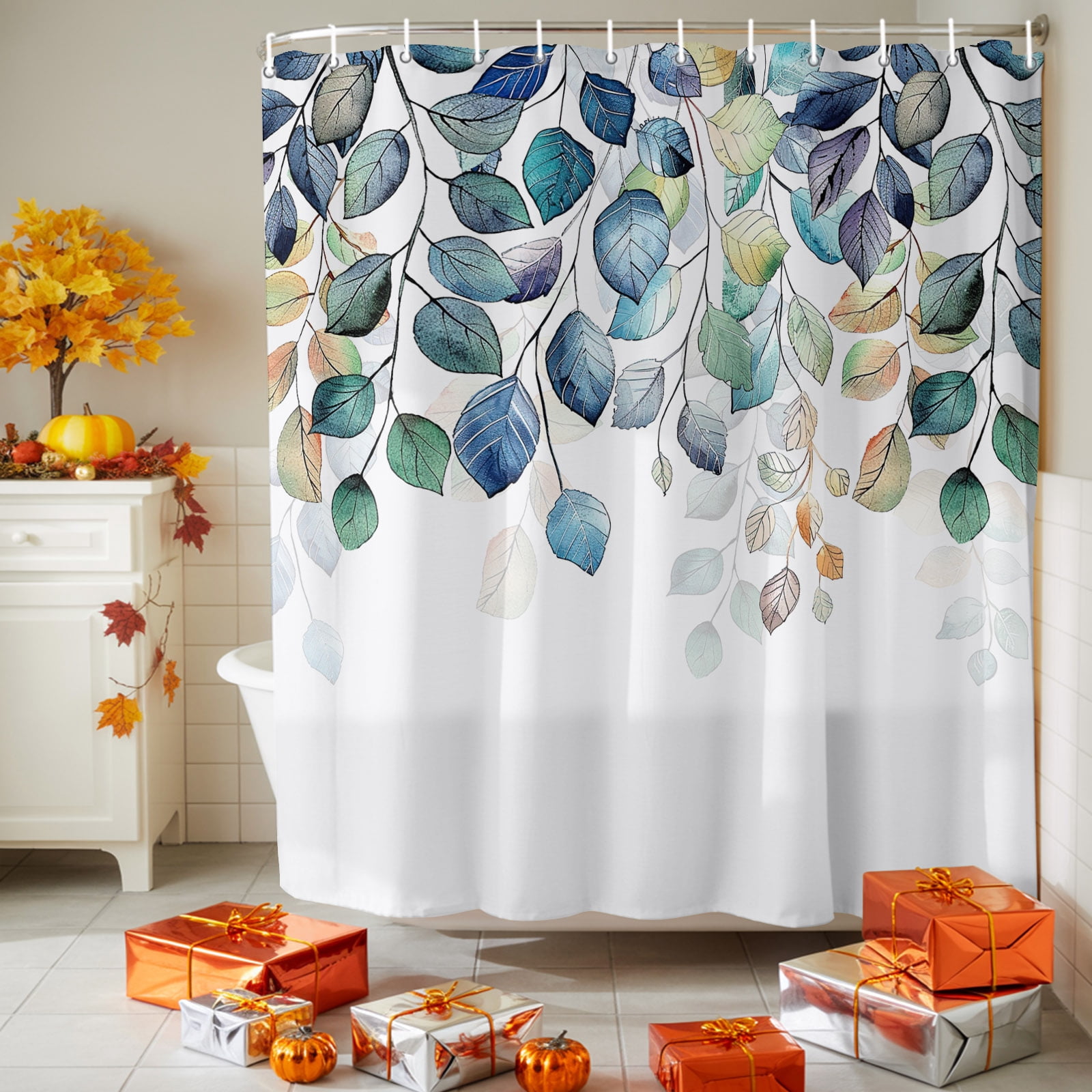 Bathroom Shower Curtain Fall Eucalyptus Leaves Blue Gradient Waterproof ...
