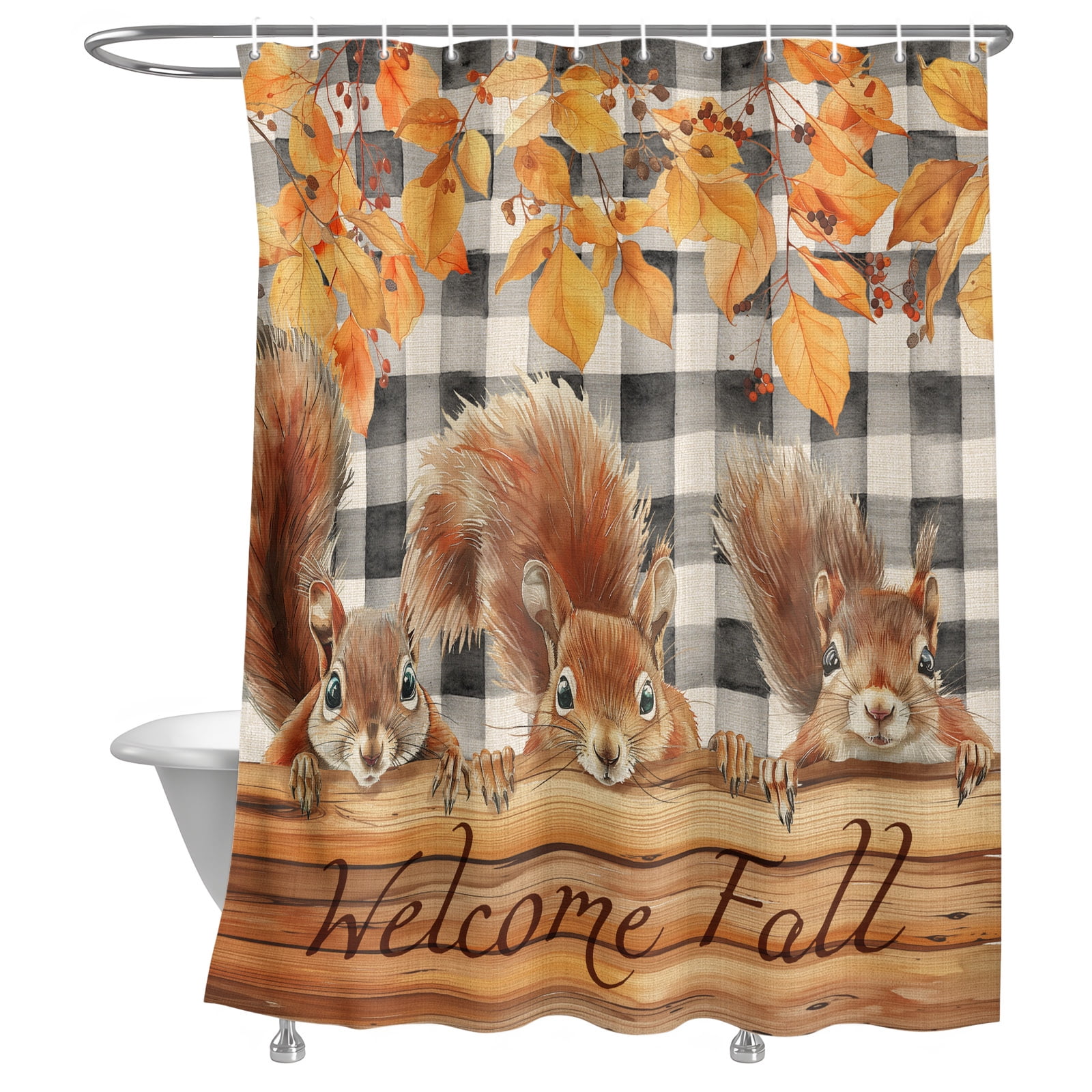 Bathroom Shower Curtain Fall Leaves Squirrel Thanksgiving Farm Animal ...
