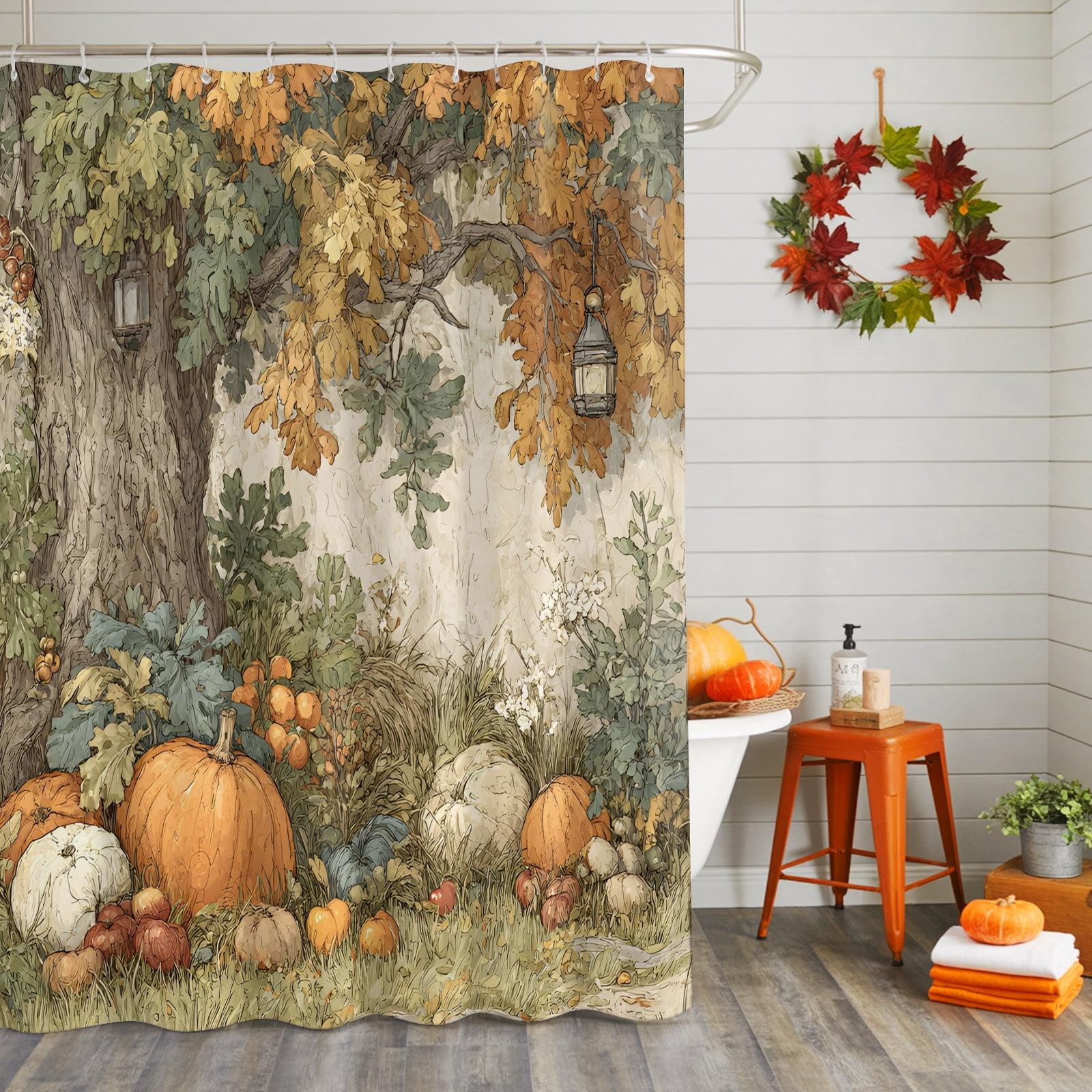Bathroom Shower Curtain Fall Pastoral Pumpkin Leaves Waterproof Shower ...
