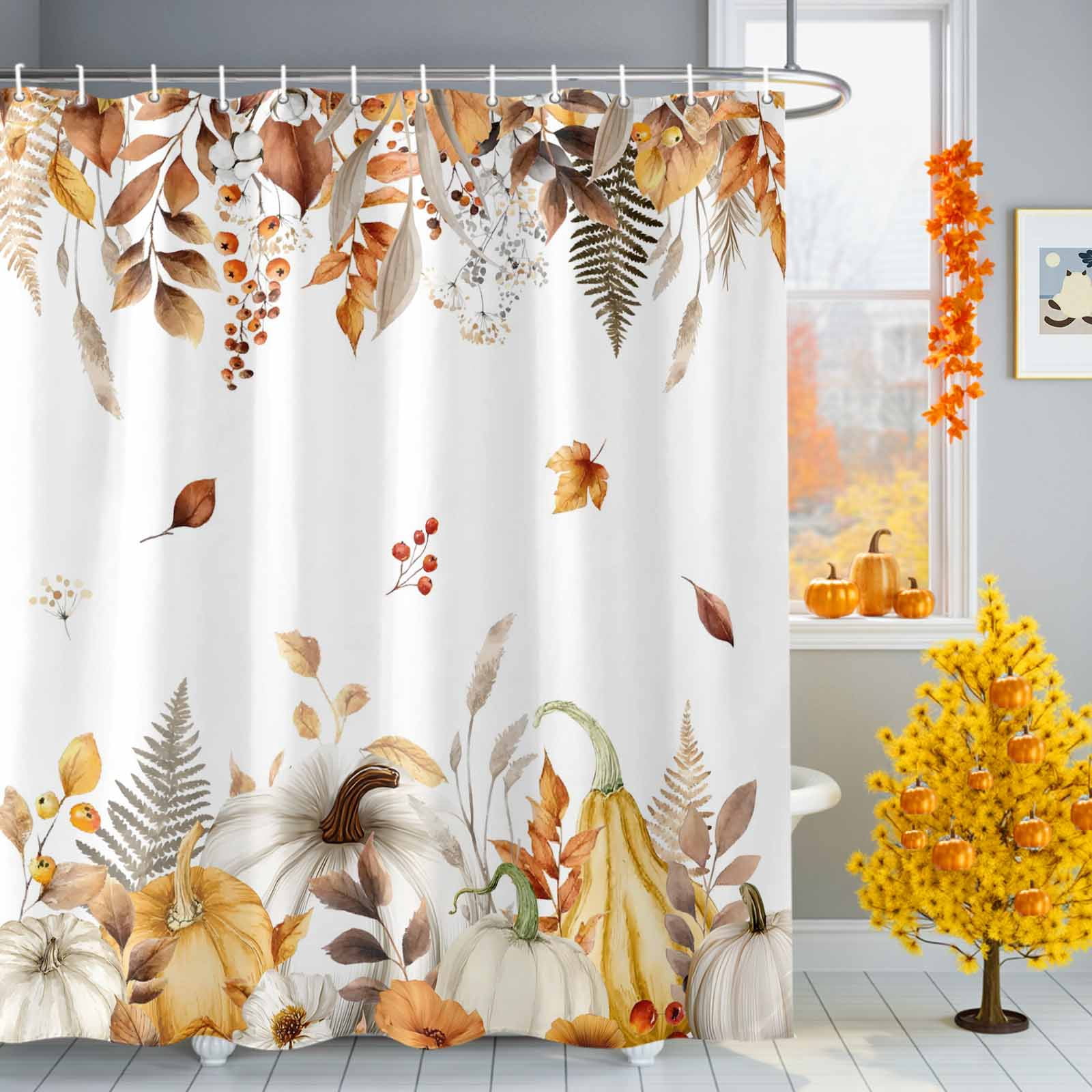Bathroom Shower Curtain Fall Pumpkin Flower Leaf Waterproof Shower ...