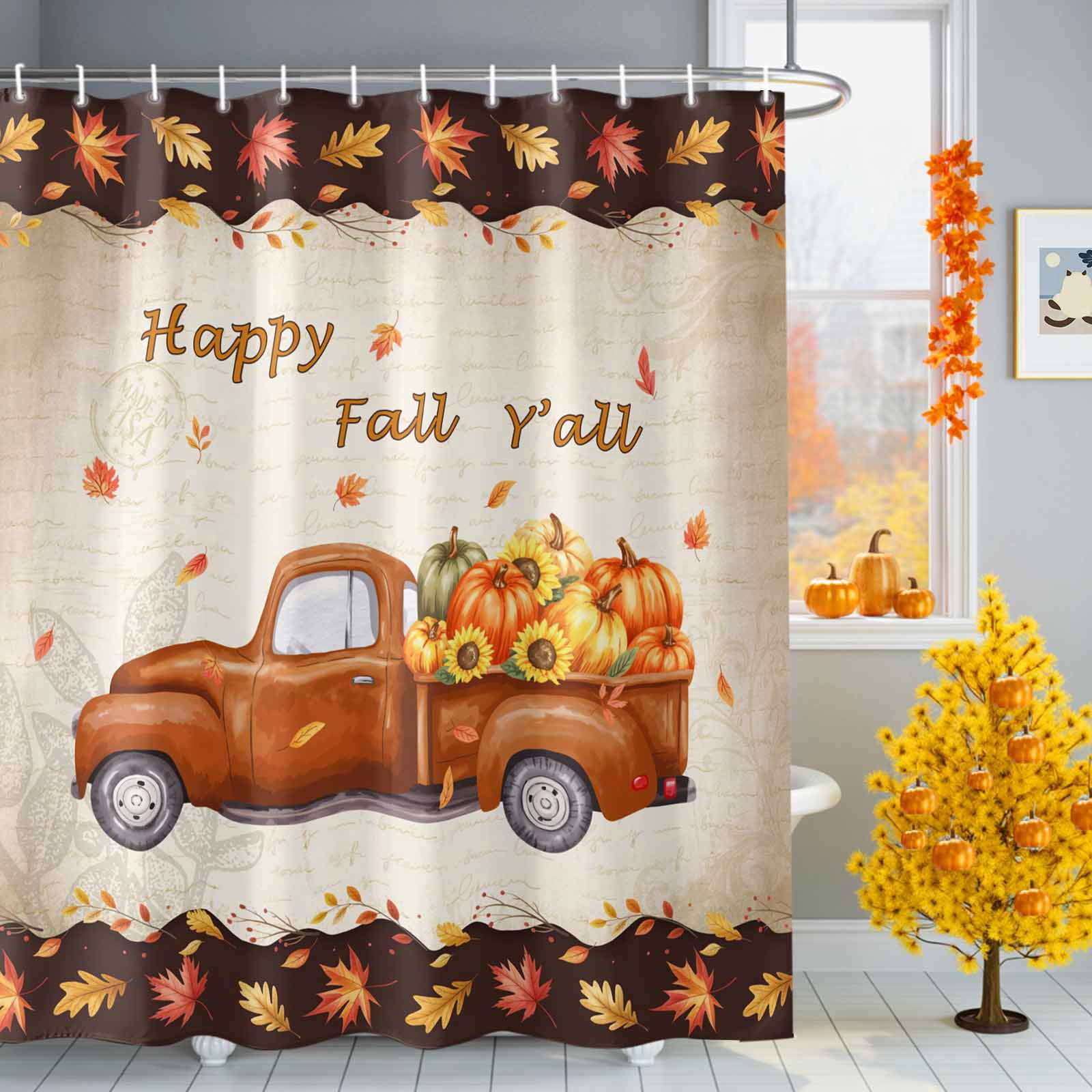 Bathroom Shower Curtain Fall Thanksgiving Orange Pumpkin Farm Truck ...