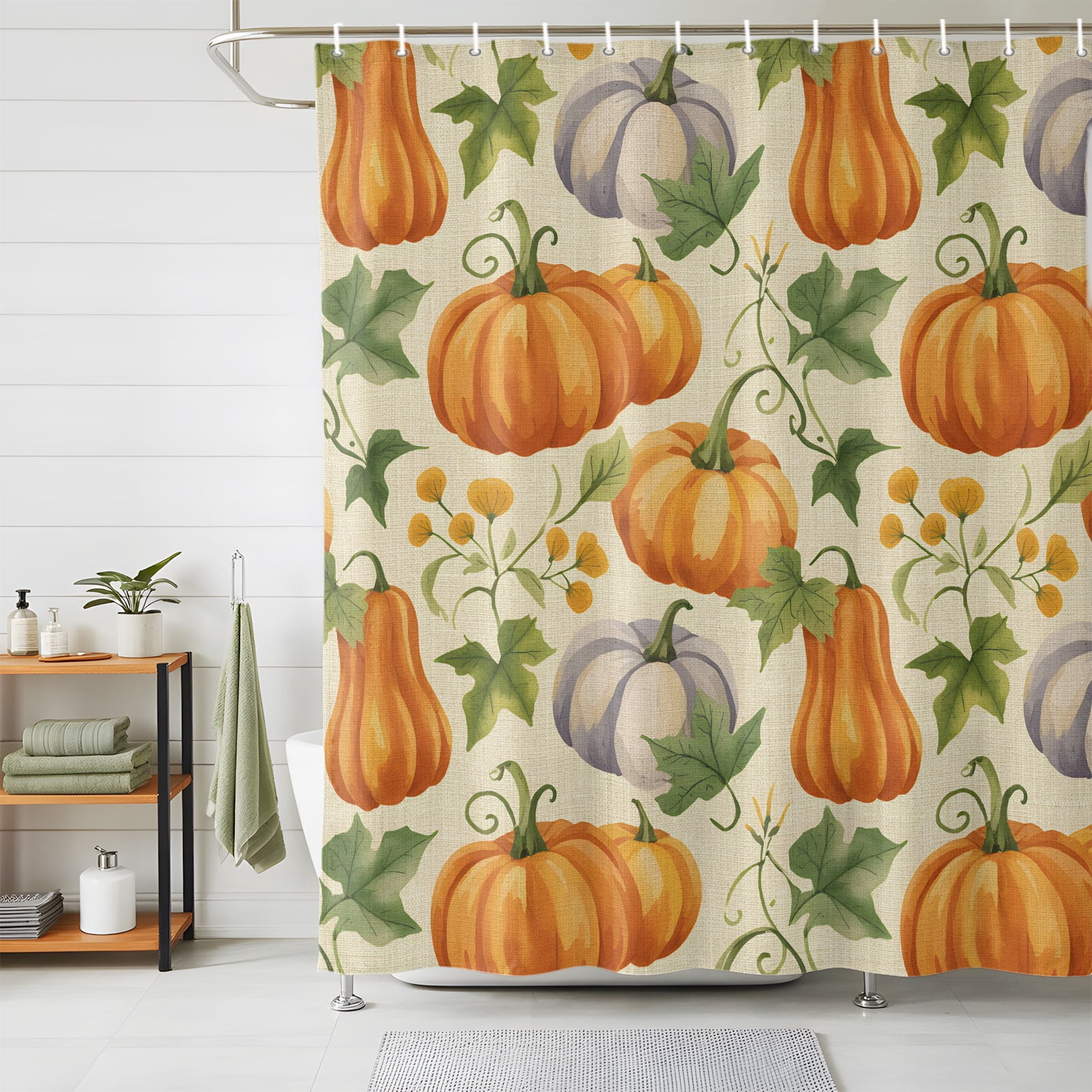 Bathroom Shower Curtain Fall Thanksgiving Orange Pumpkin Leaves Vine ...