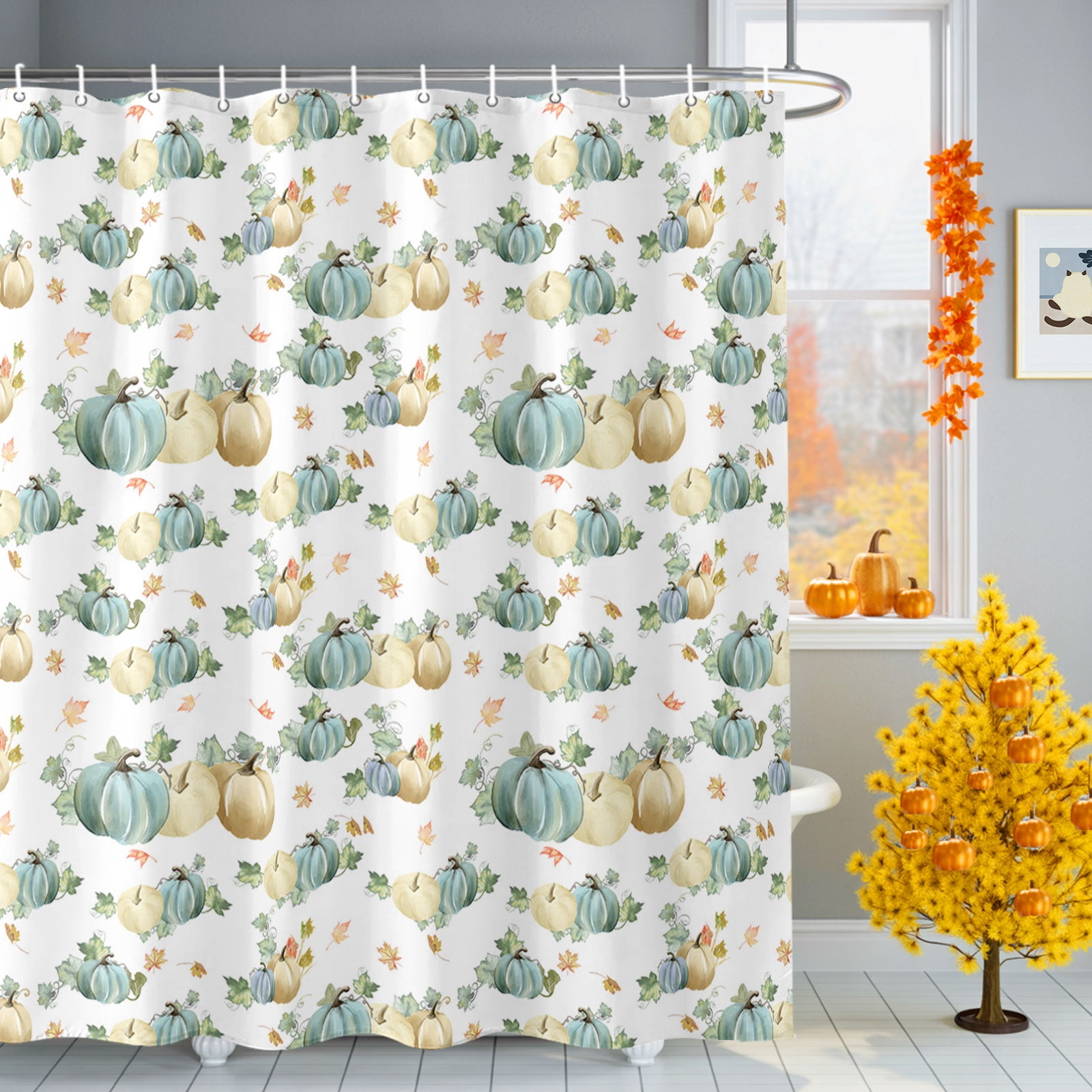 Bathroom Shower Curtain Fall Thanksgiving Pumpkin Maple Leaves Seamless ...