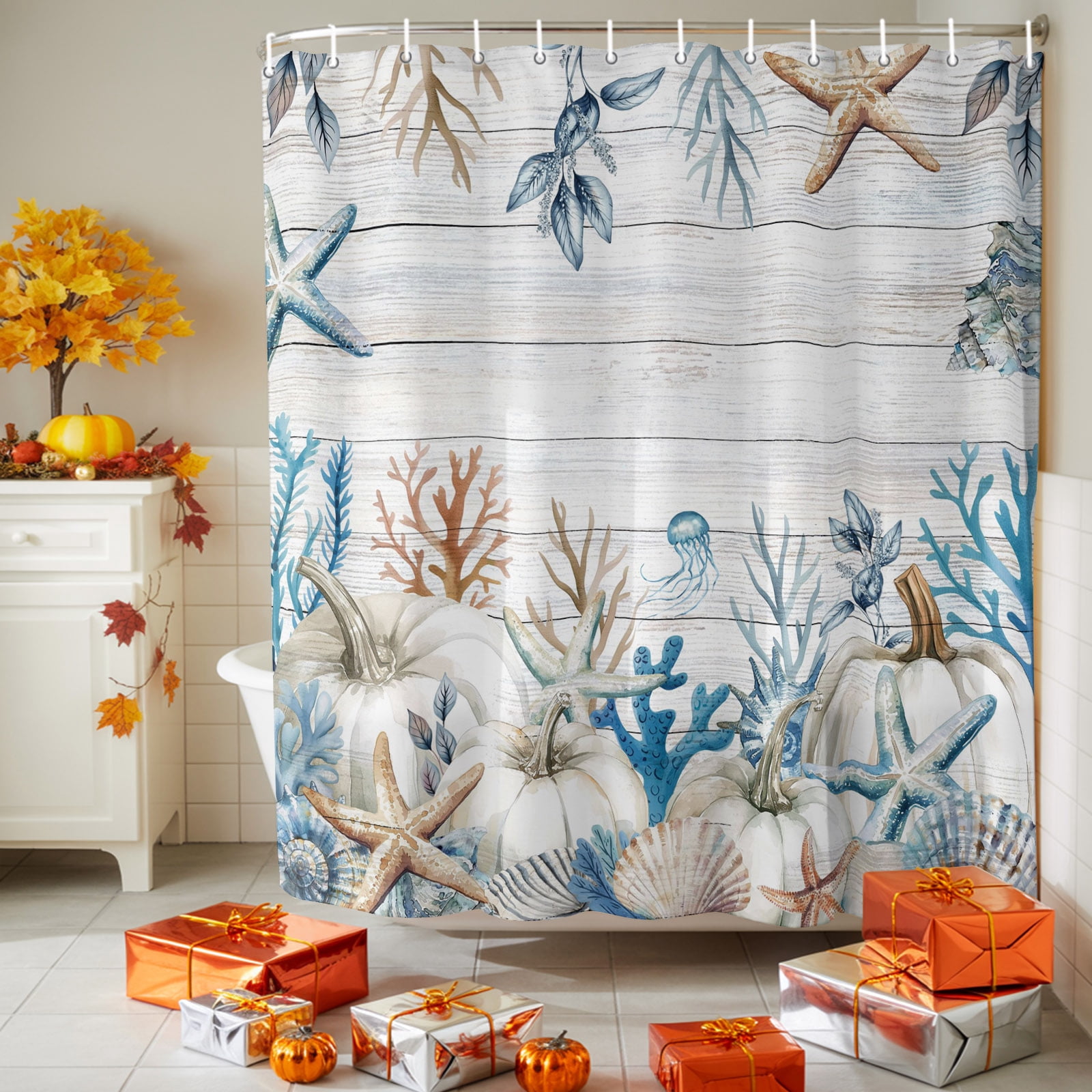 Bathroom Shower Curtain Fall Thanksgiving Pumpkin Sea Starfish Shell ...