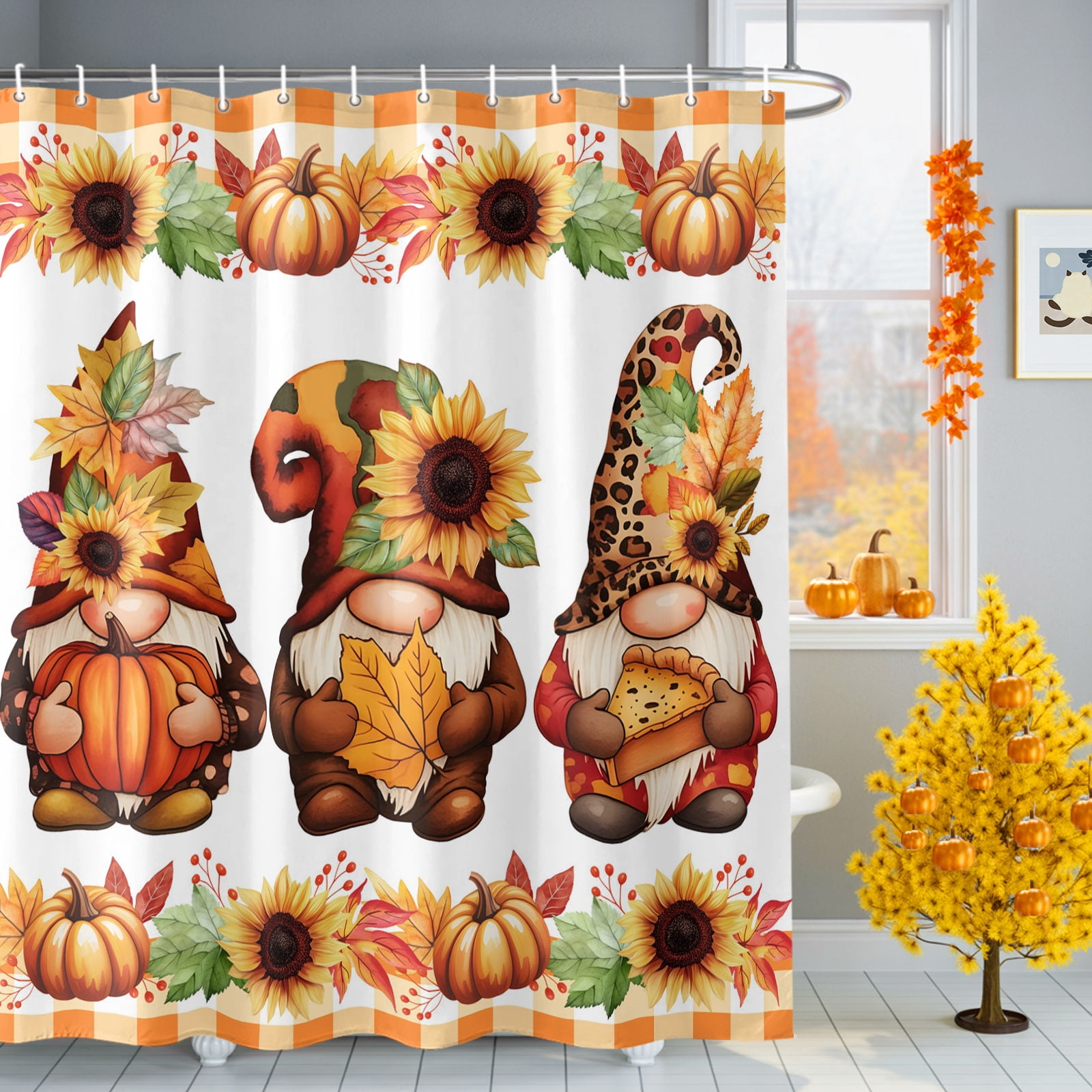Bathroom Shower Curtain Fall Thanksgiving Pumpkin Sunflower Dwarf ...