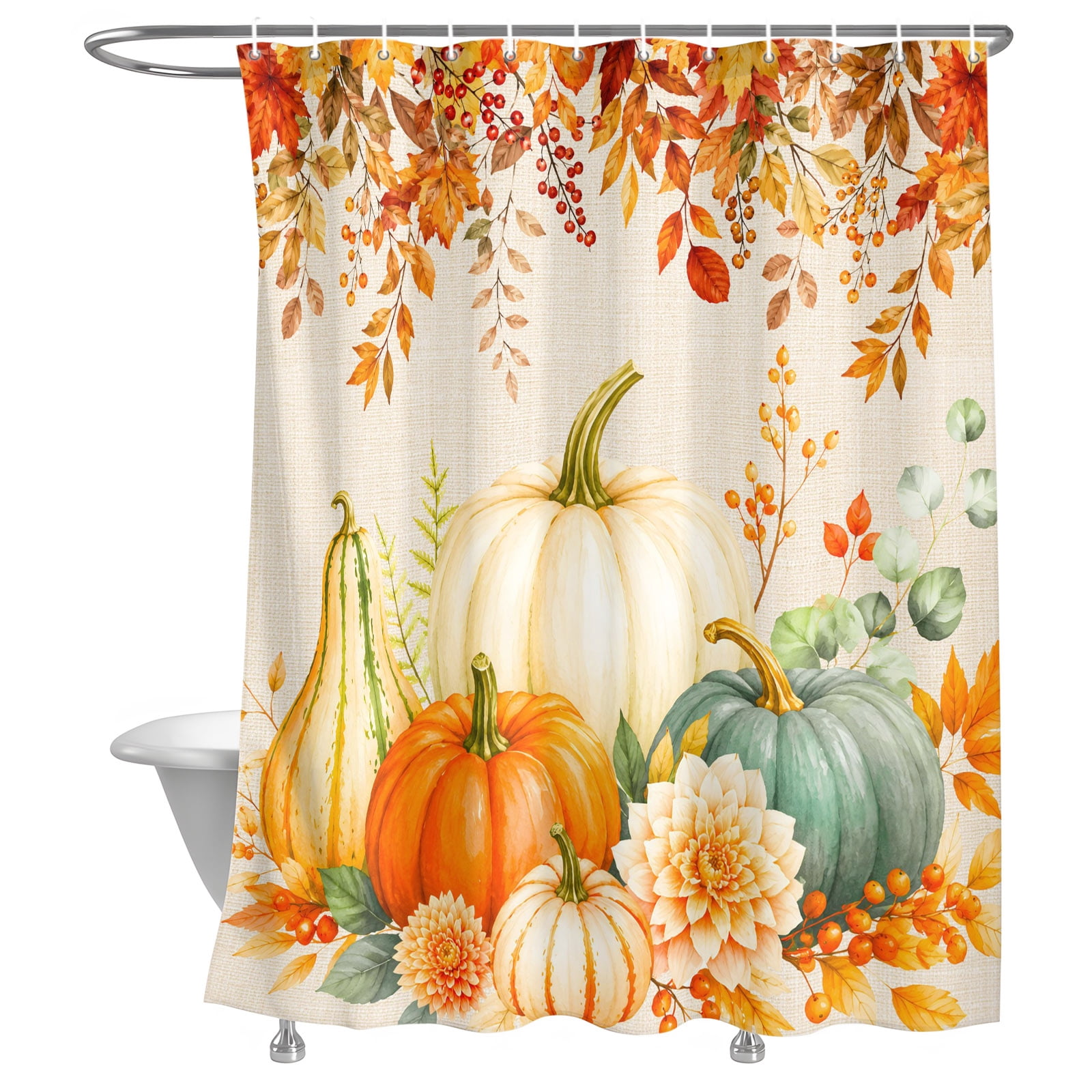 Bathroom Shower Curtain Fall Thanksgiving Pumpkin Watercolor Waterproof ...