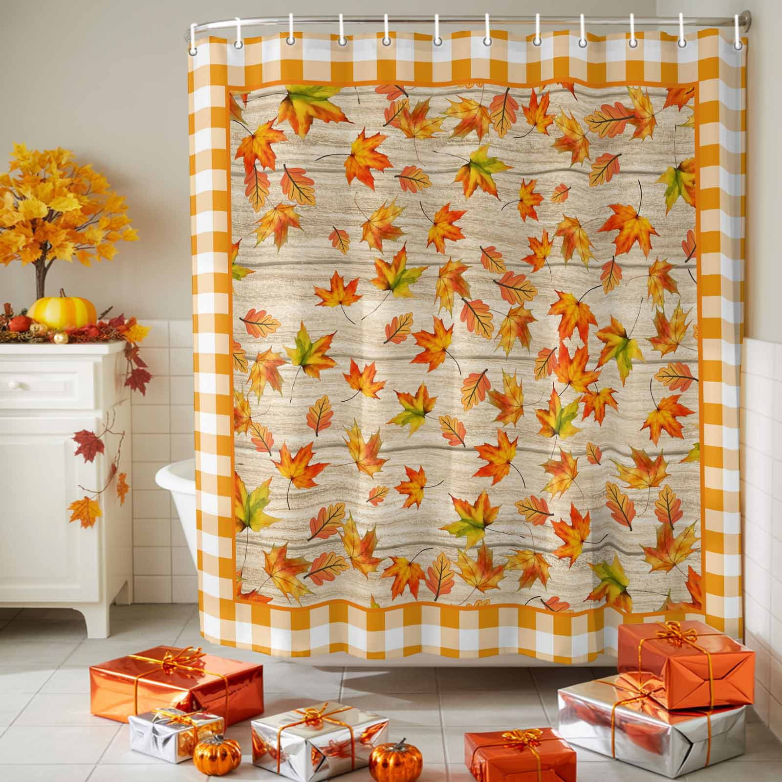 Bathroom Shower Curtain Fall Watercolor Maple Leaves Seamless ...