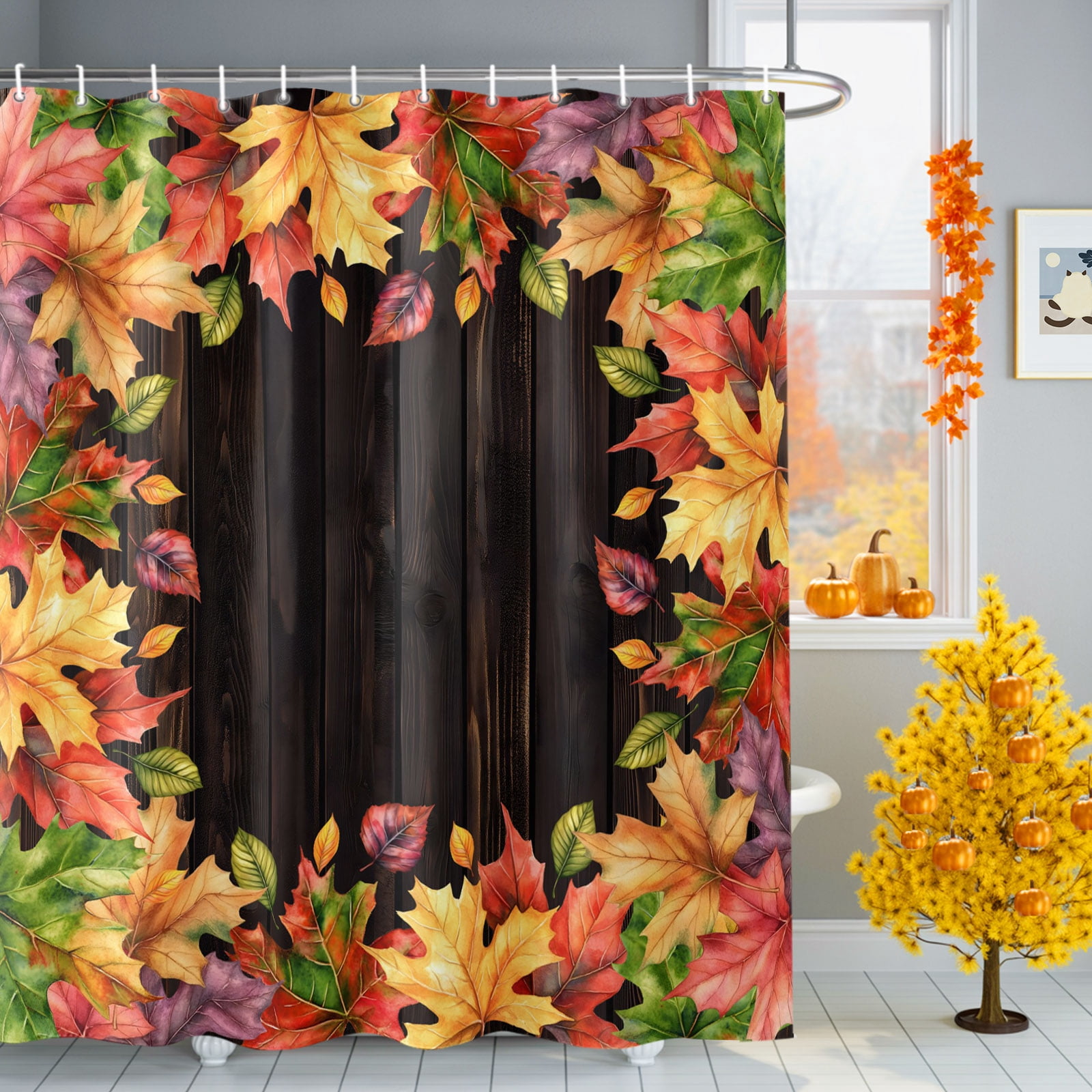Bathroom Shower Curtain Fall Watercolor Maple Leaves Waterproof Shower ...