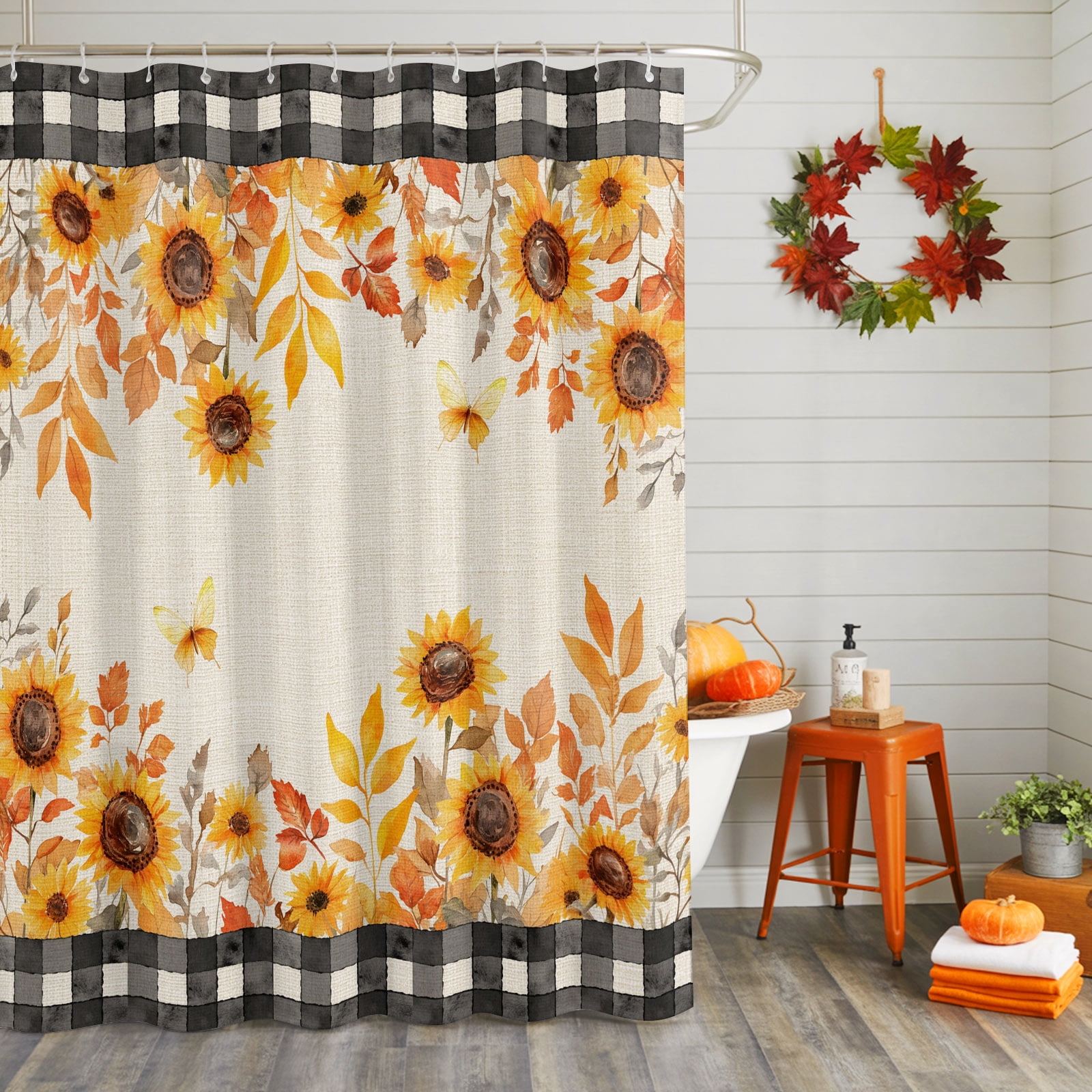 Bathroom Shower Curtain Fall Watercolor Sunflower Leaves Waterproof ...