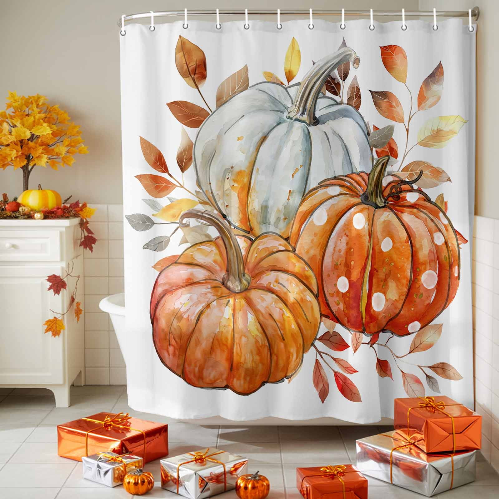 Bathroom Shower Curtain Fall Watercolor Thanksgiving Orange Pumpkin ...