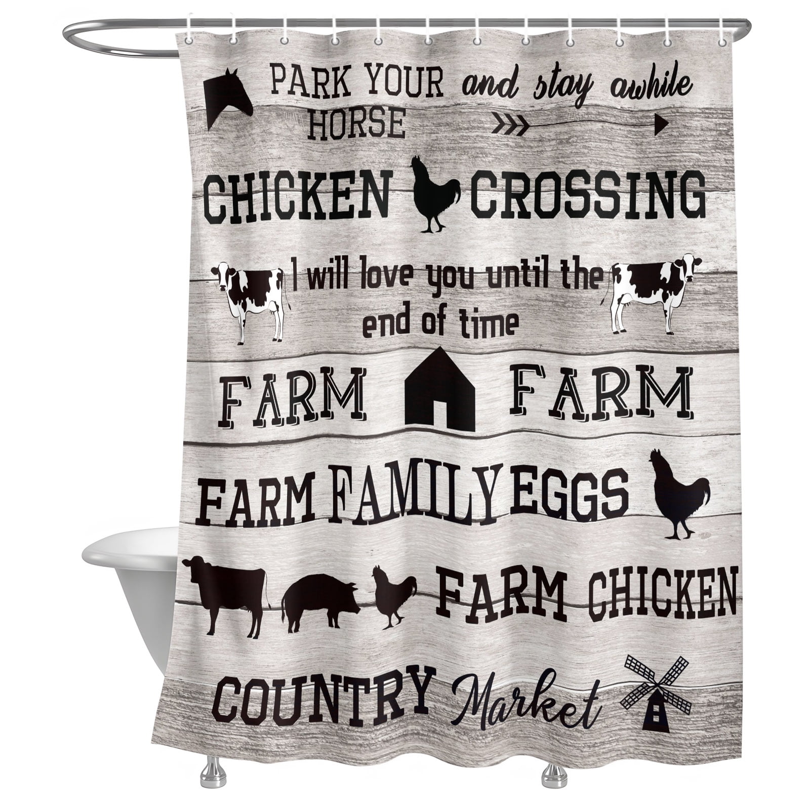 Bathroom Shower Curtain Farm Animal Retro Wood Grain Waterproof Shower ...