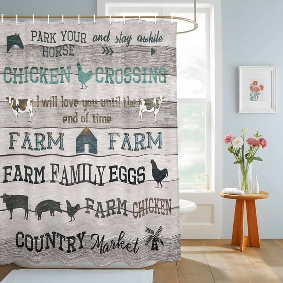 Bathroom Shower Curtain Farm Animal Vintage Plank Waterproof Shower ...