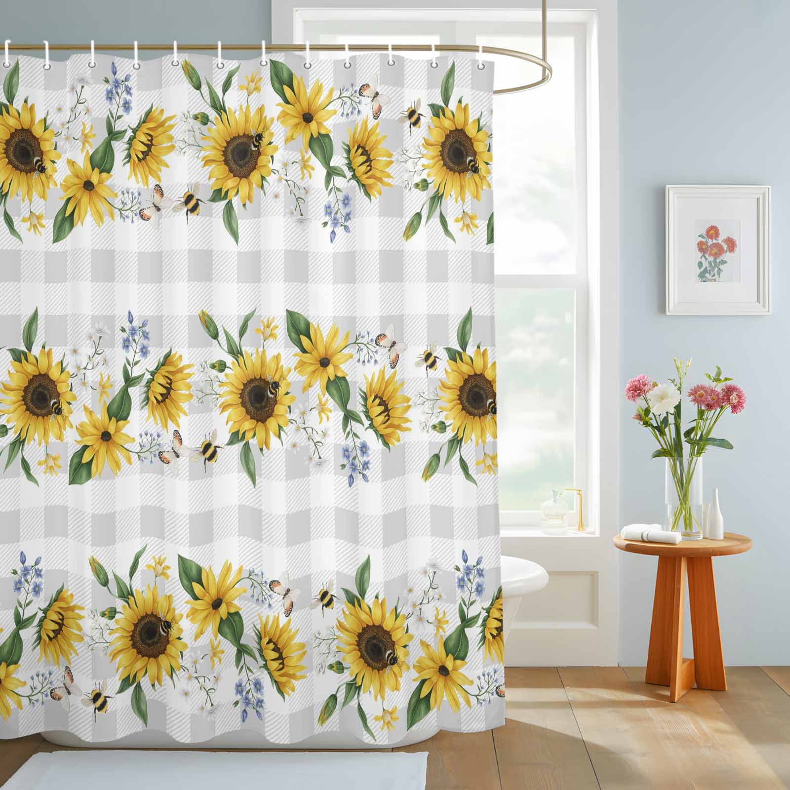 Bathroom Shower Curtain Farm Bee Butterfly Sunflowers Waterproof Shower ...
