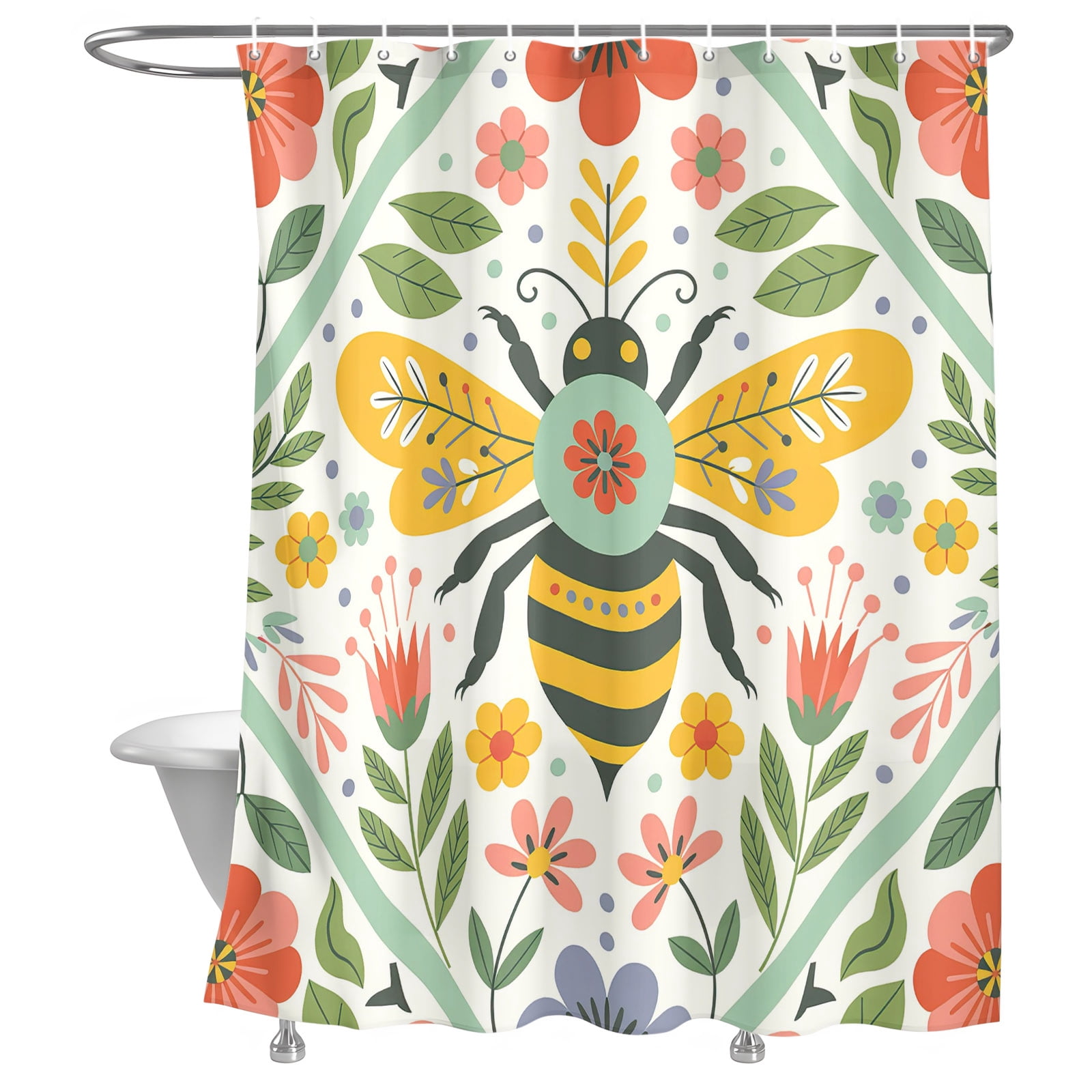 Bathroom Shower Curtain Farm Bee Flower Leaves Watercolor Waterproof ...