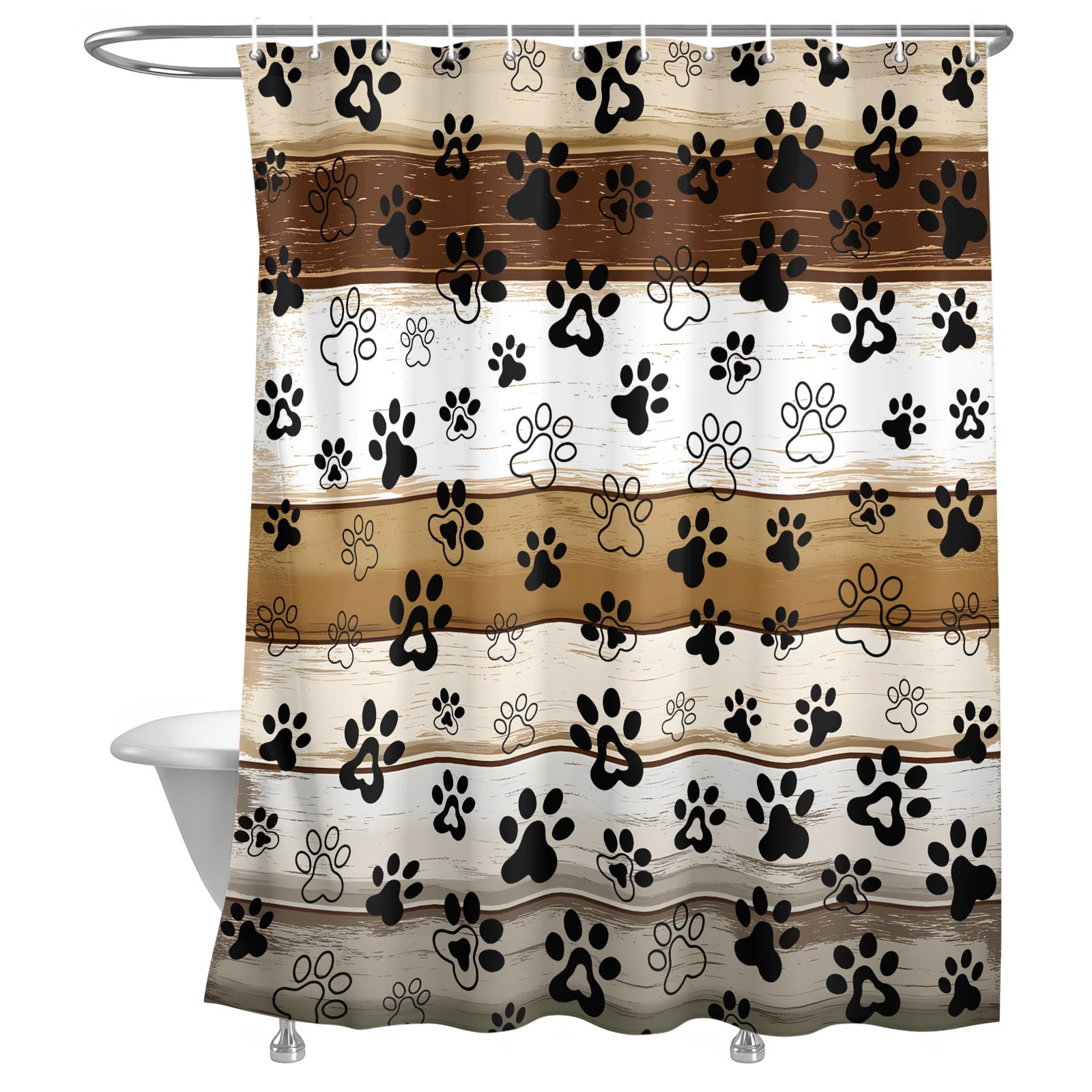 Bathroom Shower Curtain Farm Brown Wood Board Dog Paw Prints Waterproof ...