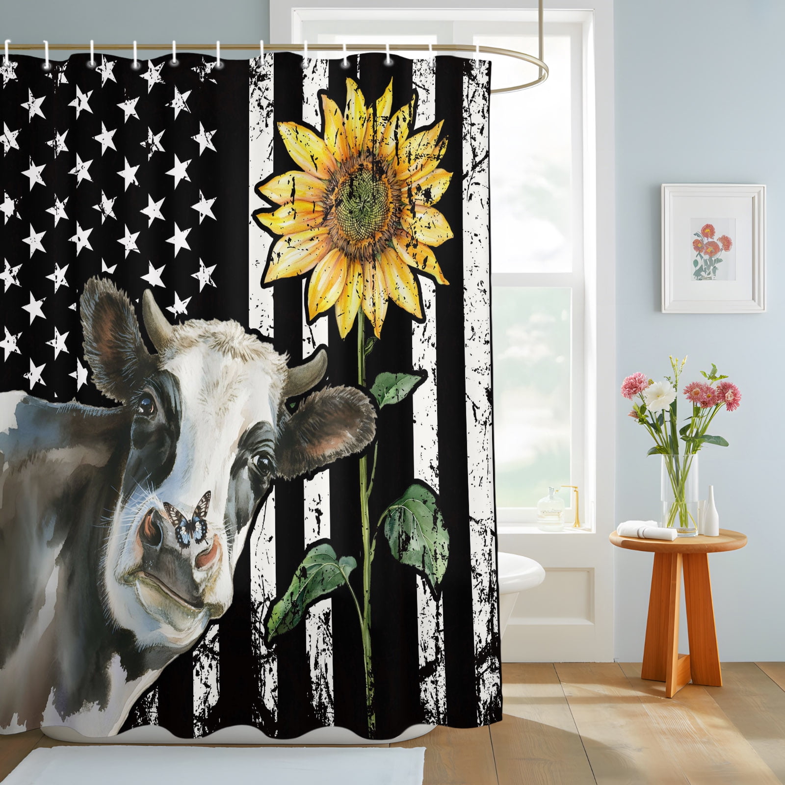 Bathroom Shower Curtain Farm Cow Sunflower Art Waterproof Shower ...
