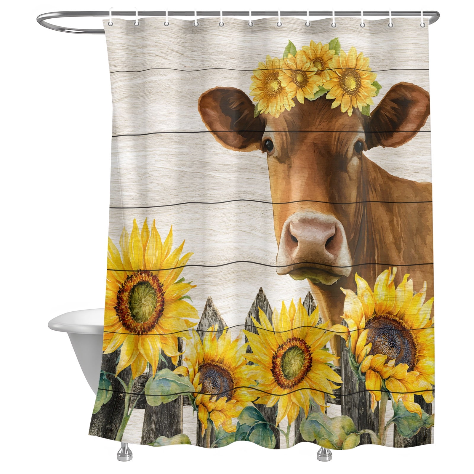 Bathroom Shower Curtain Farm Cow Sunflower Wood Fence Waterproof Shower ...