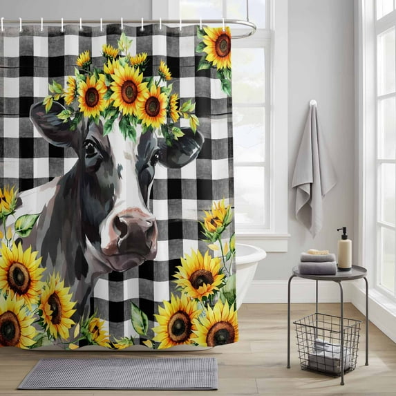 Bathroom Shower Curtain Farm Cow Watercolor Yellow Sunflower Waterproof ...