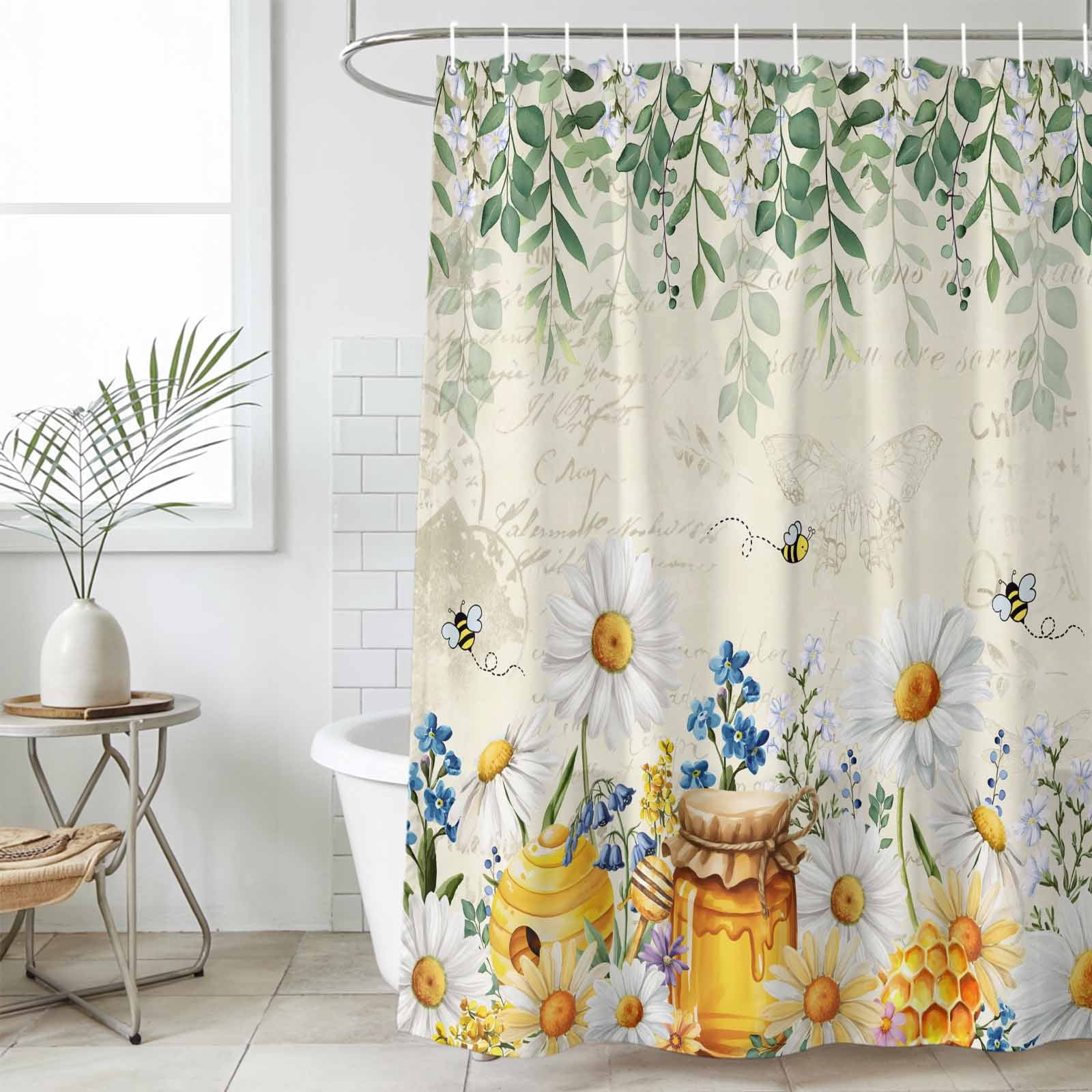 Bathroom Shower Curtain Farm Flowers Daisy Eucalyptus Leaves Waterproof ...