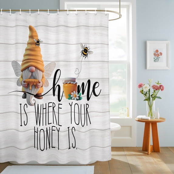Bathroom Shower Curtain Farm Gnome Bee Honey Wooden Plank Waterproof ...