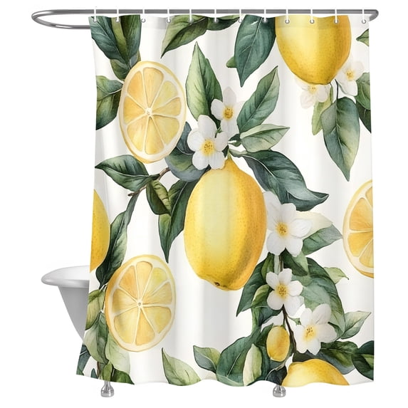 Bathroom Shower Curtain Farm Lemon Flowers Green Leaf Waterproof Shower ...