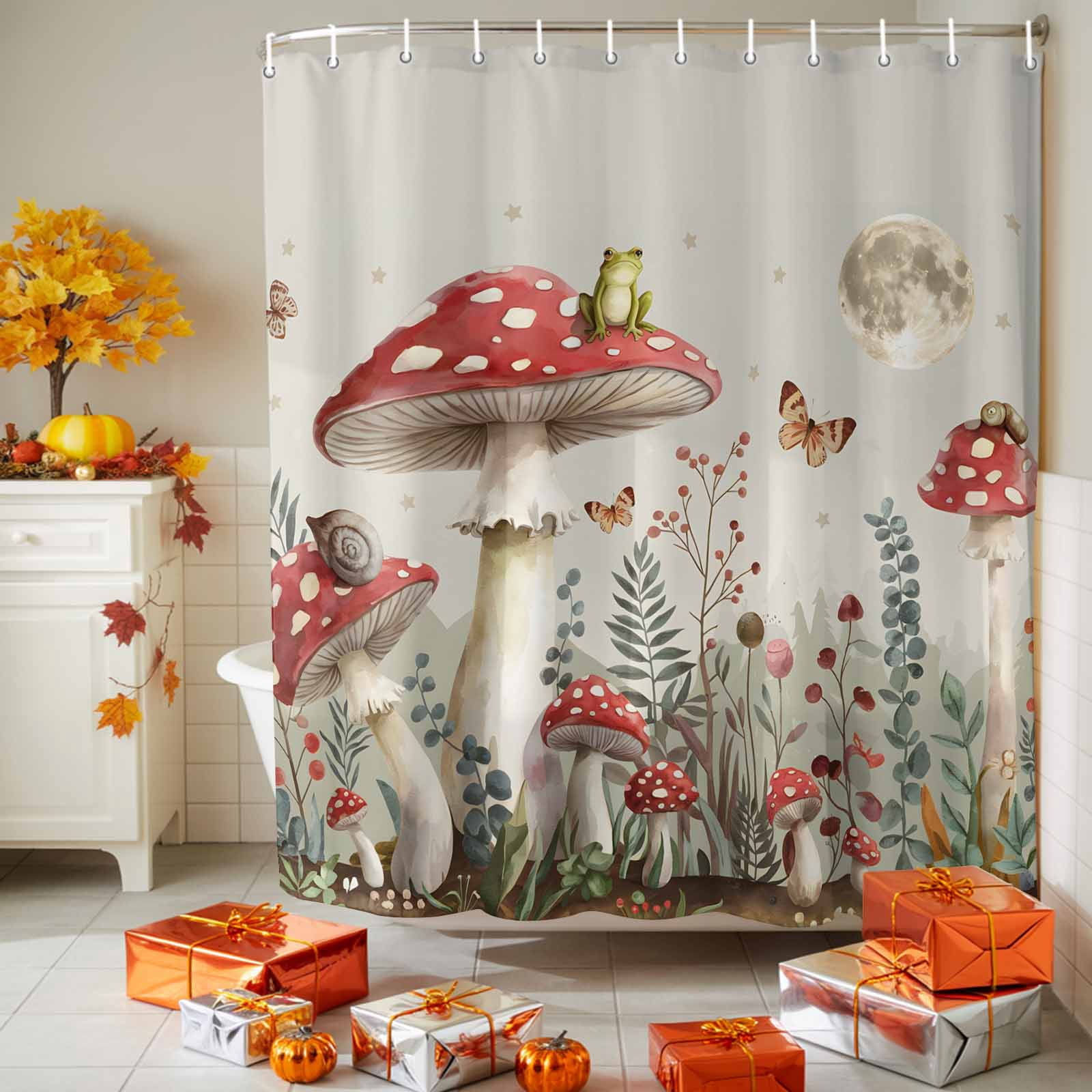 Bathroom Shower Curtain Farm Mushroom Eucalyptus Leaf Butterfly ...