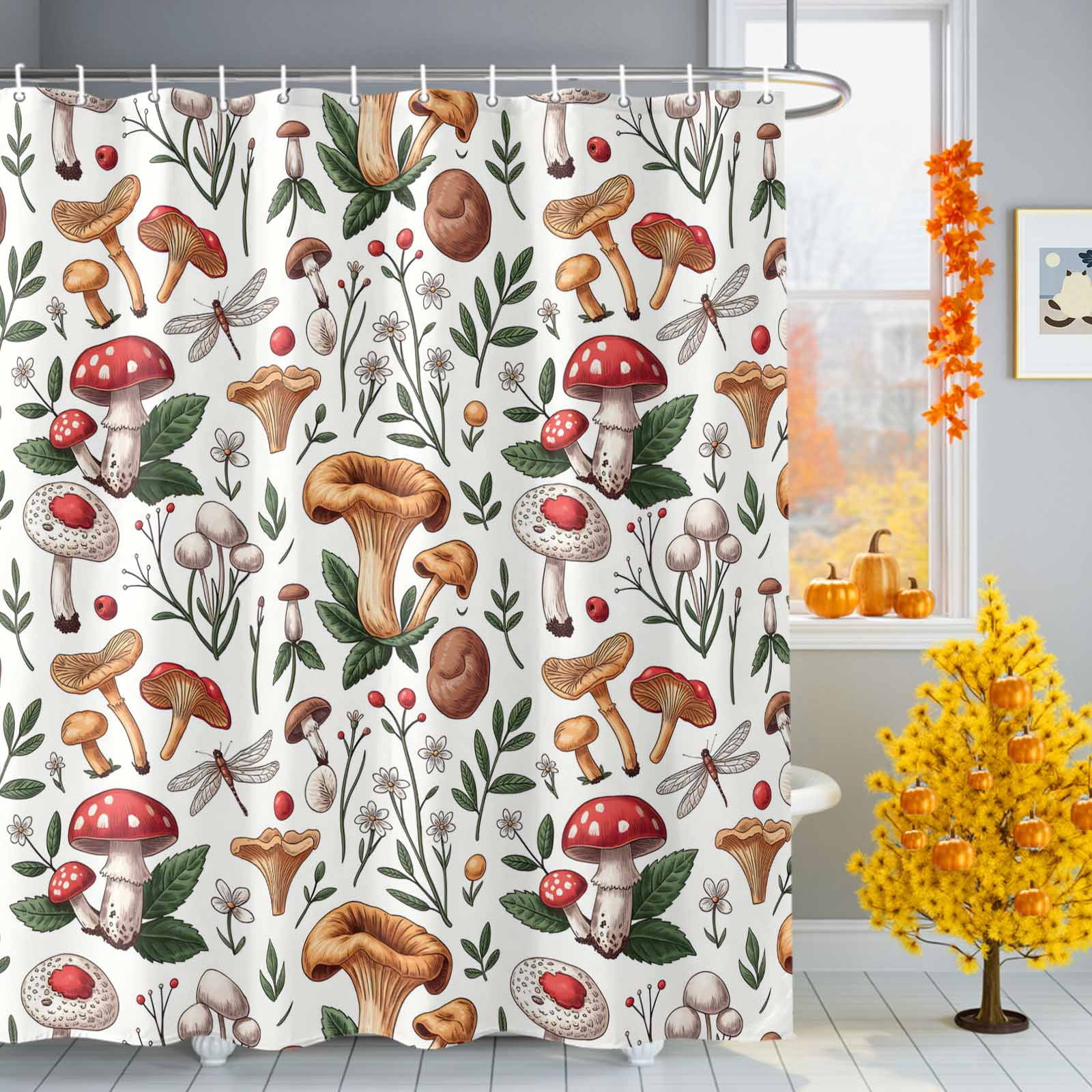 Bathroom Shower Curtain Farm Mushroom Leaf Flower Waterproof Shower ...