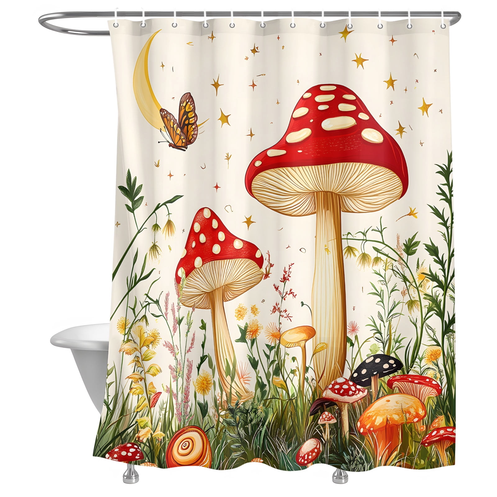 Bathroom Shower Curtain Farm Mushrooms Green Leaves Waterproof Shower ...