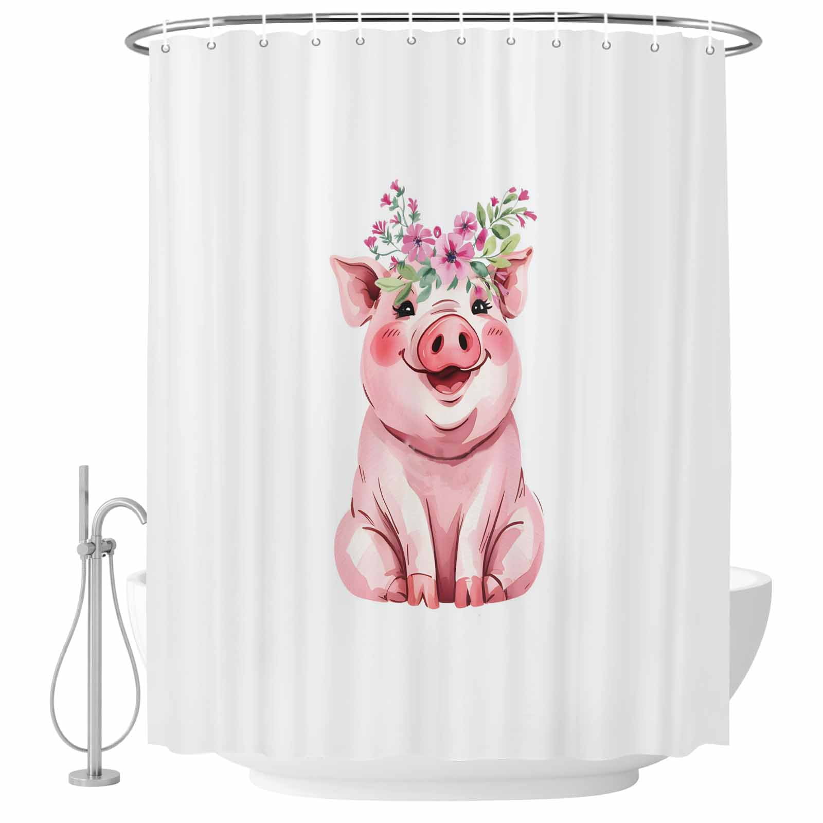 Bathroom Shower Curtain Farm Pink Pig Flower Waterproof Shower Curtains ...