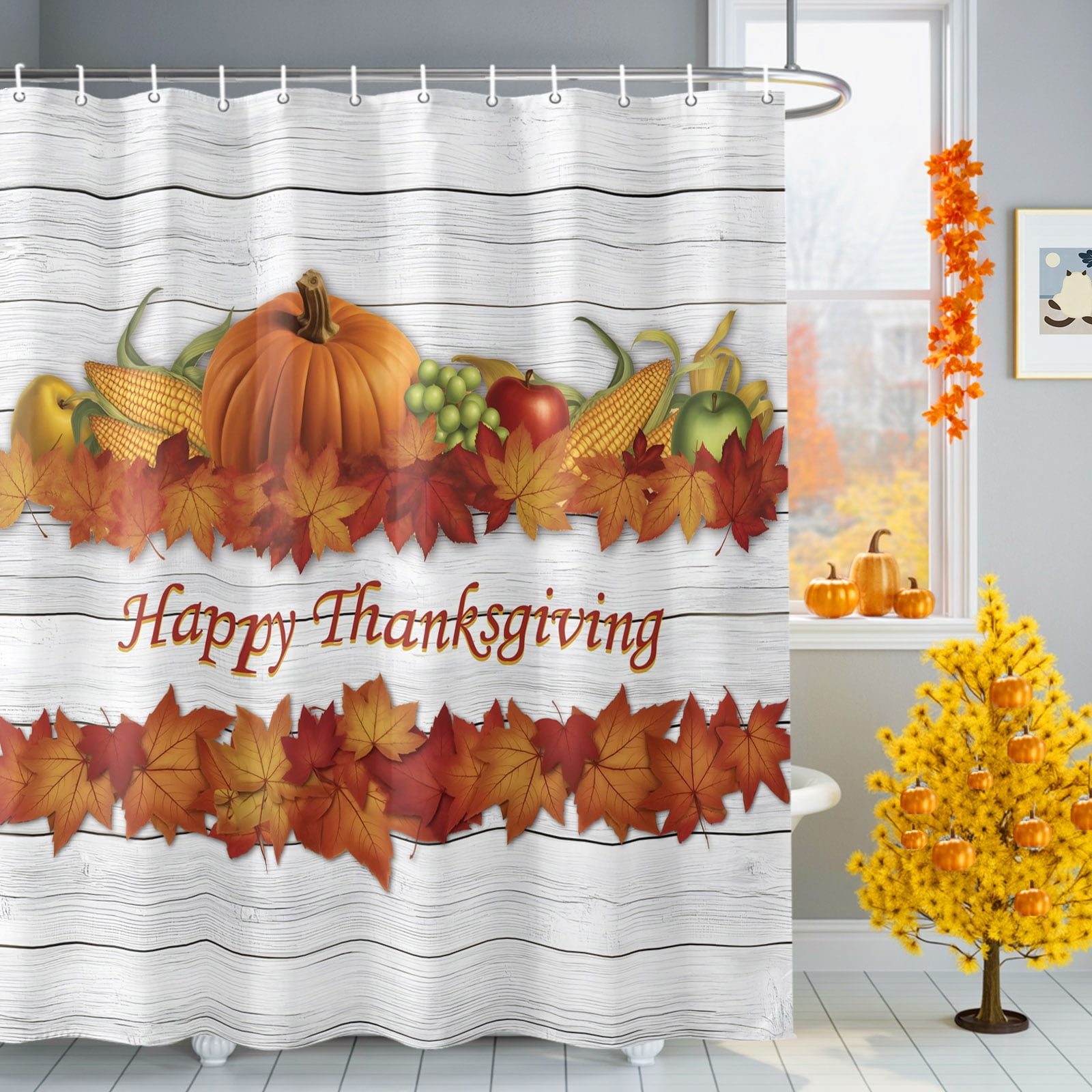 Bathroom Shower Curtain Farm Pumpkin Maple Leaf Corn Waterproof Shower ...