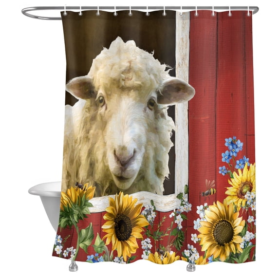 Bathroom Shower Curtain Farm Red Barn and Animal Sheep Waterproof ...
