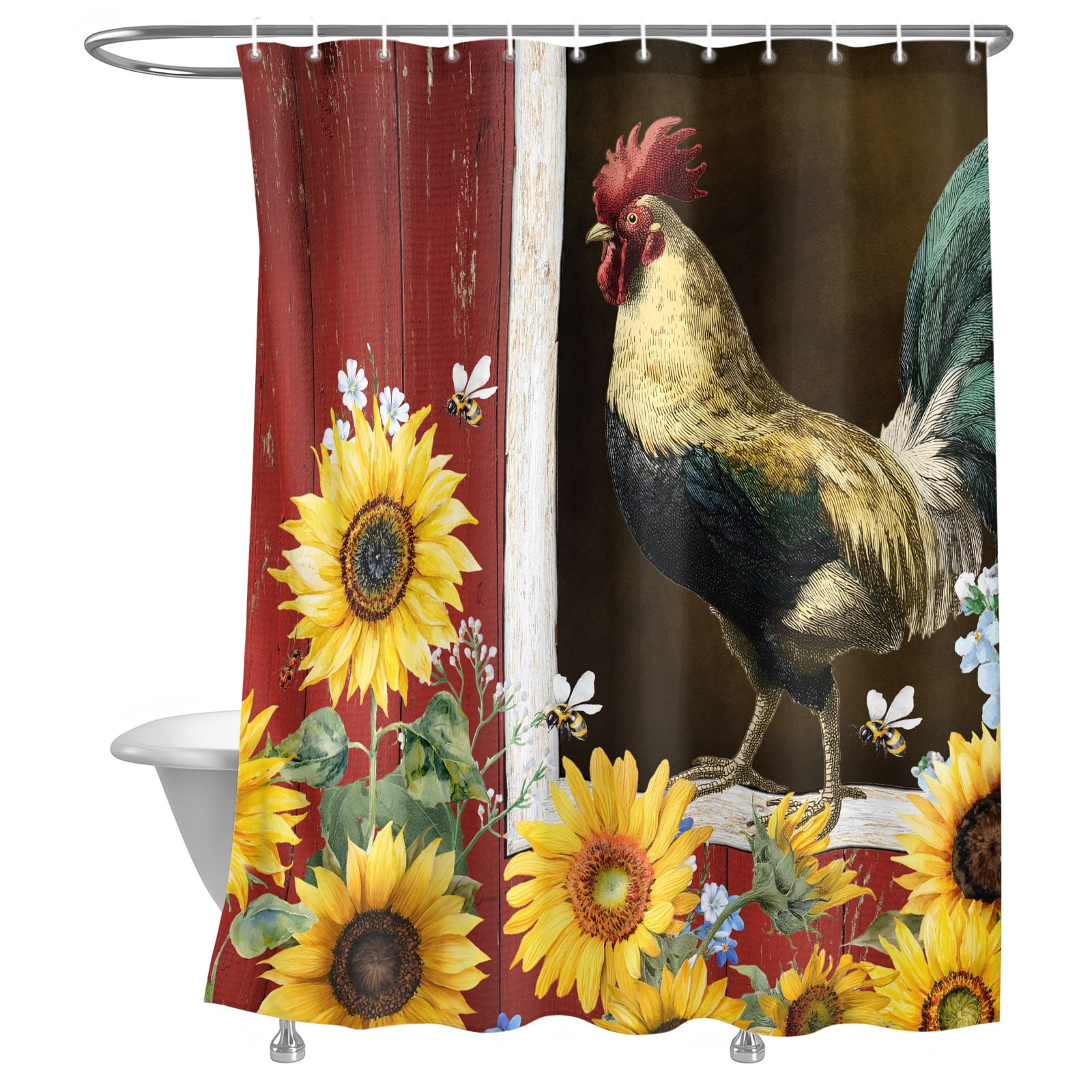 Bathroom Shower Curtain Farm Rooster Sunflower Waterproof Shower ...