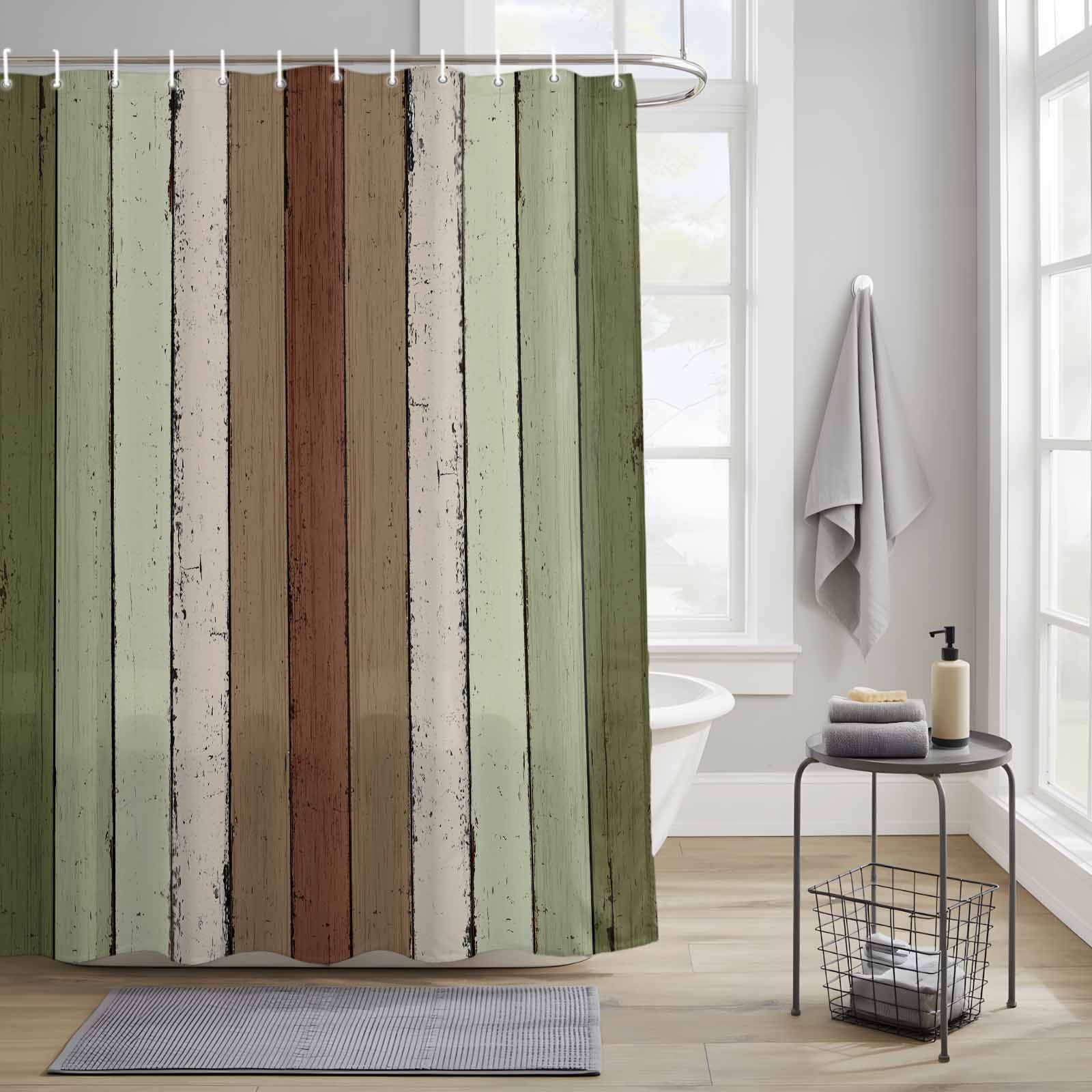 Bathroom Shower Curtain Farm Sage Green Wood Board Waterproof Shower ...