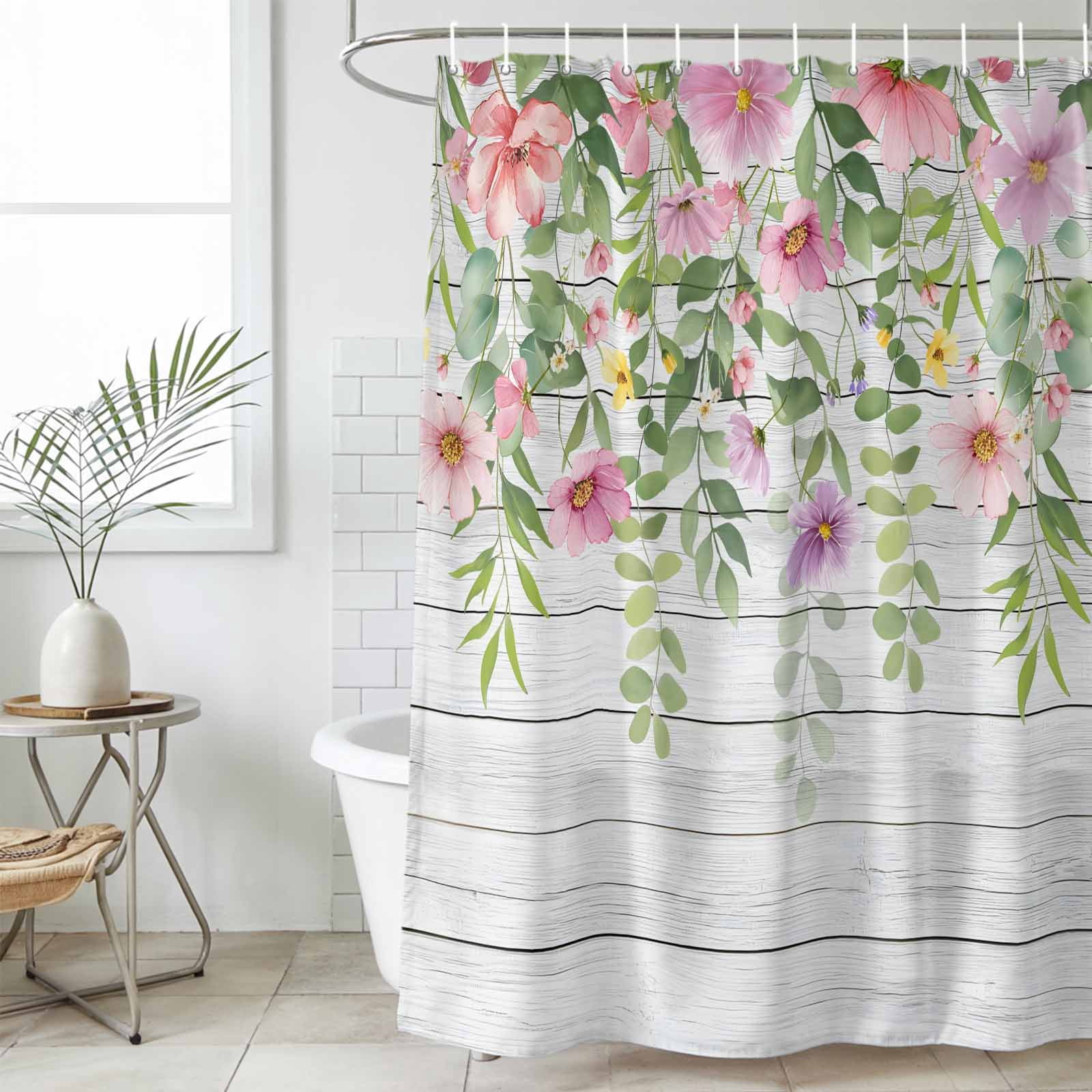 Bathroom Shower Curtain Farm Spring Pink Flowers Waterproof Shower ...