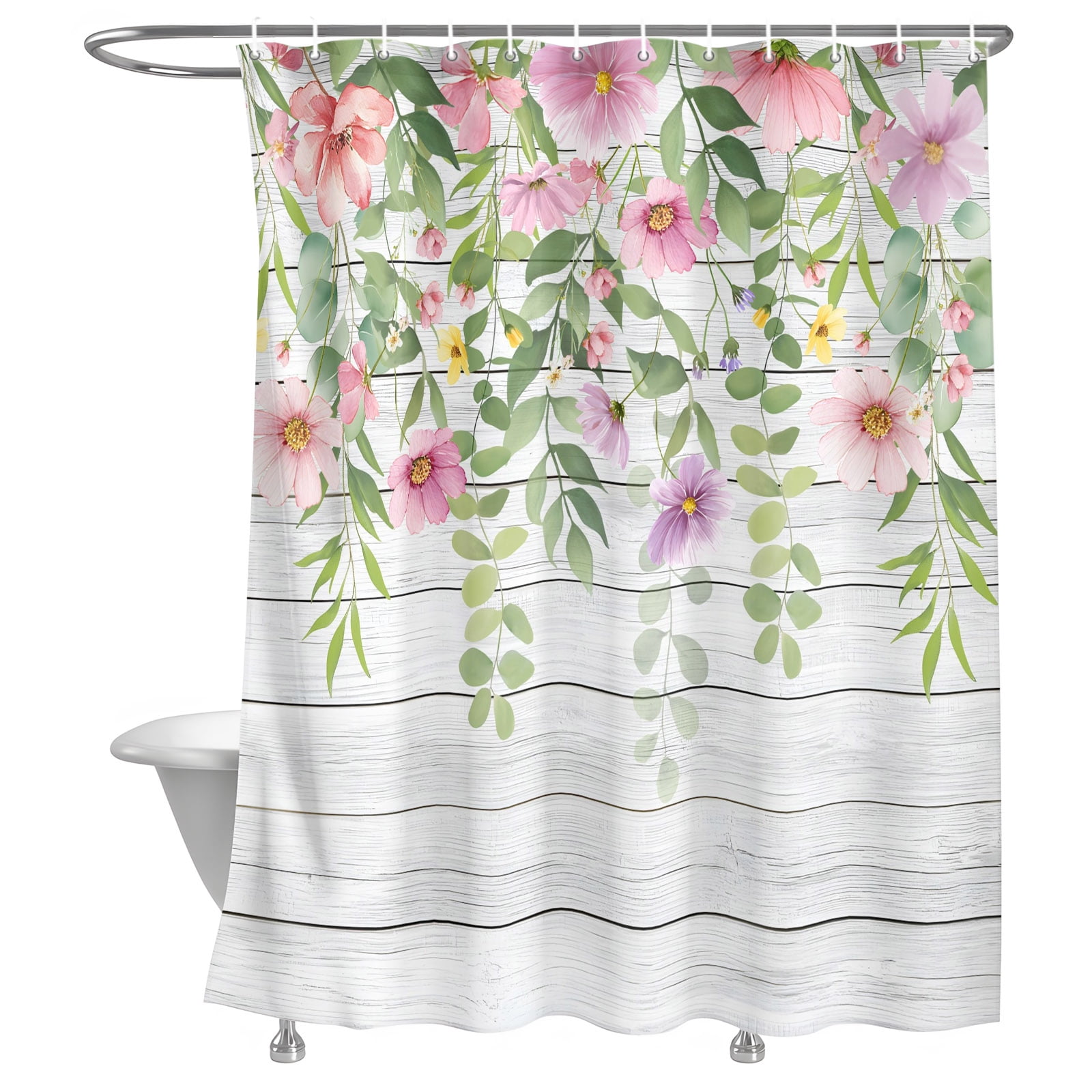 Bathroom Shower Curtain Farm Spring Pink Flowers Waterproof Shower ...