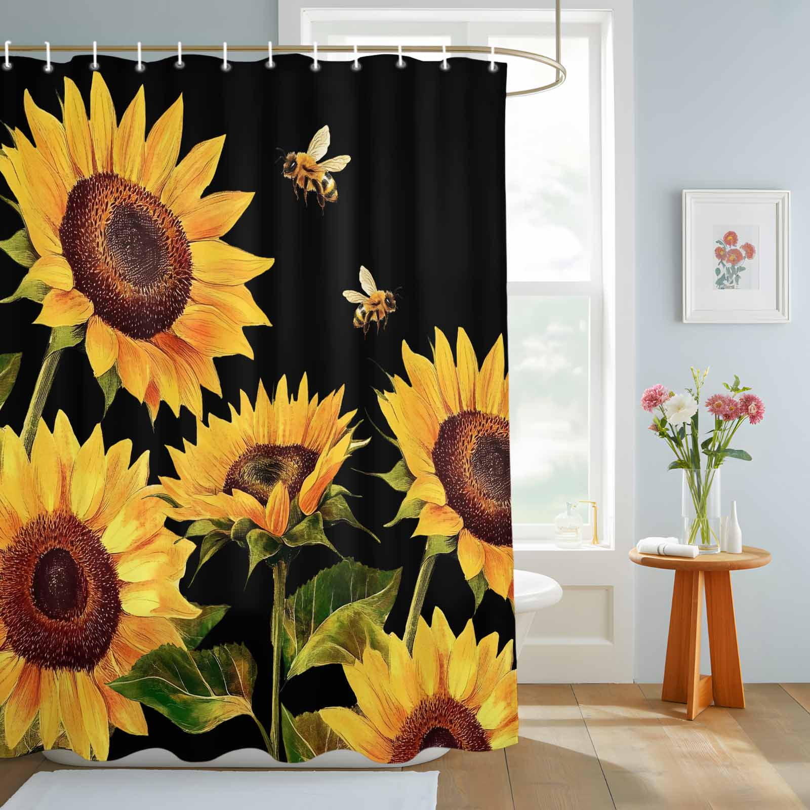 Bathroom Shower Curtain Farm Sunflower Bee Waterproof Shower Curtains ...