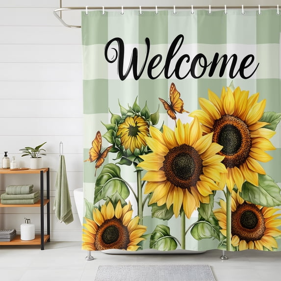 Bathroom Shower Curtain Farm Sunflower Butterfly on Green Plaid ...