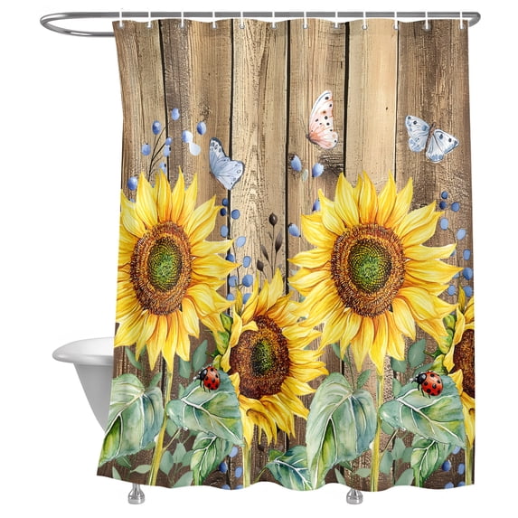 Bathroom Shower Curtain Farm Sunflower Butterfly Ladybug Waterproof ...