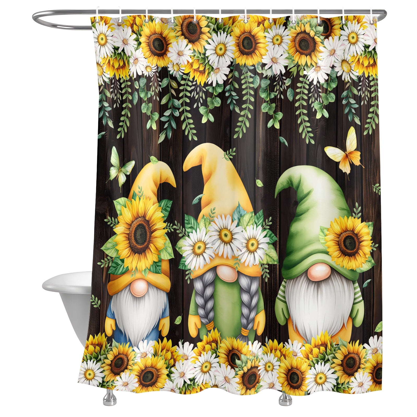 Bathroom Shower Curtain Farm Sunflower Daisy Floral Gnome Waterproof ...