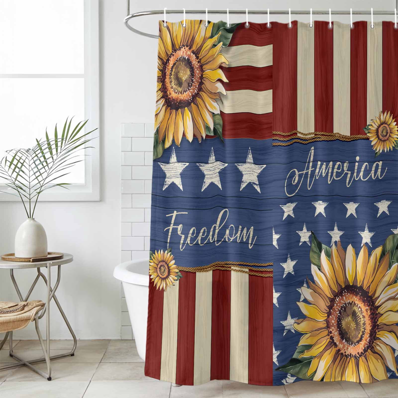 Bathroom Shower Curtain Farm Sunflower Retro American Flag Waterproof ...