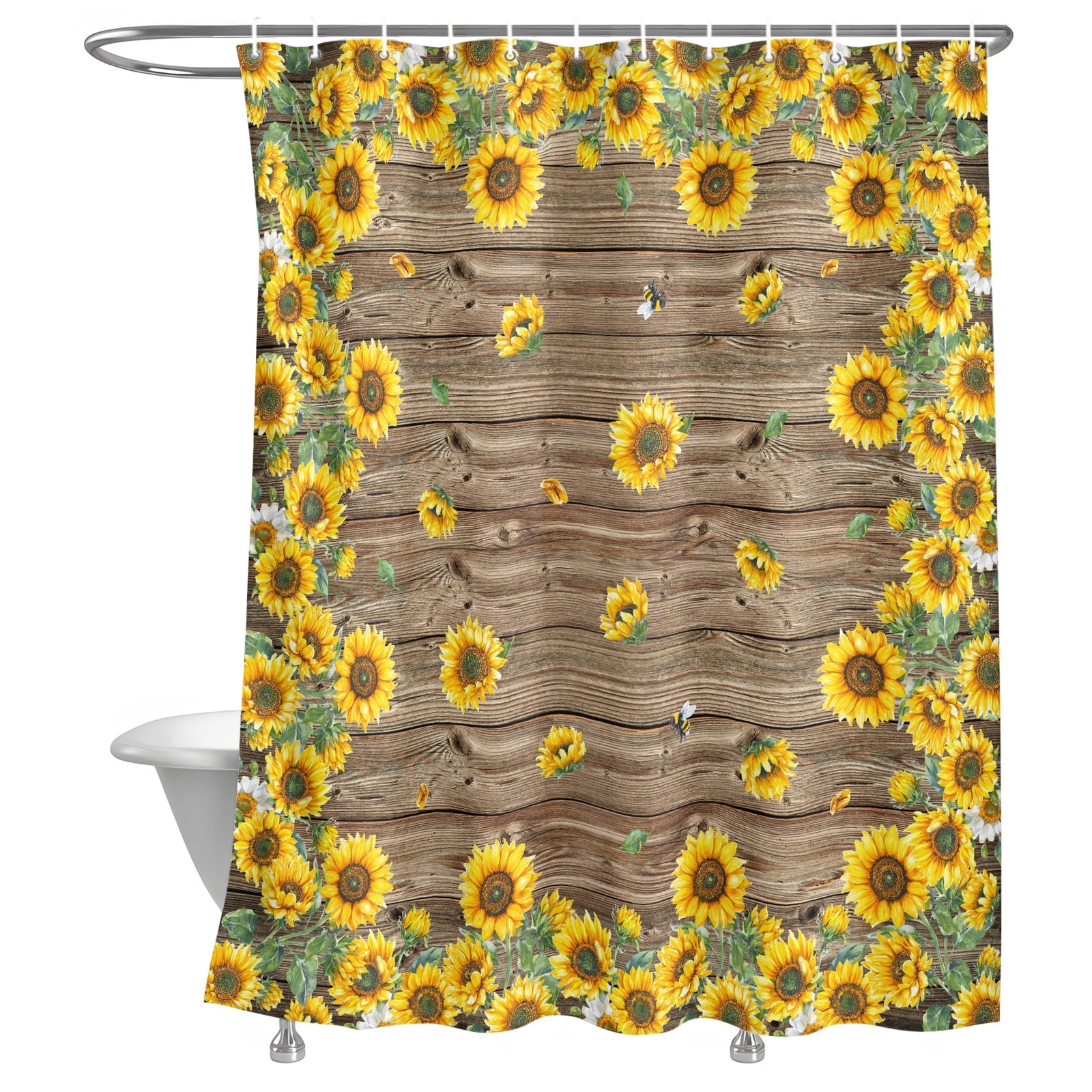 Bathroom Shower Curtain Farm Sunflowers Bee on Vintage Wood Board ...