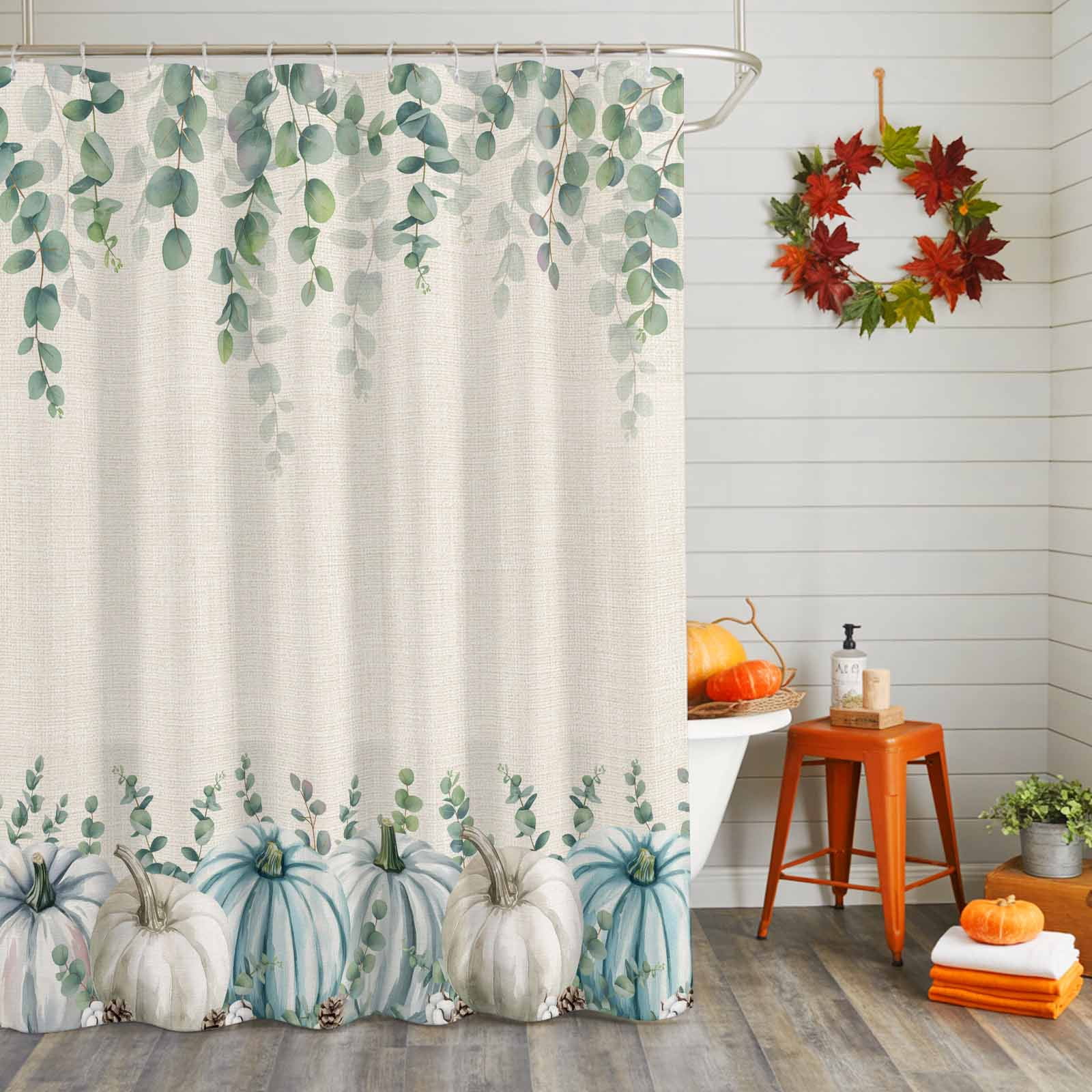 Bathroom Shower Curtain Farm Thanksgiving Pumpkins Eucalyptus Leaf ...