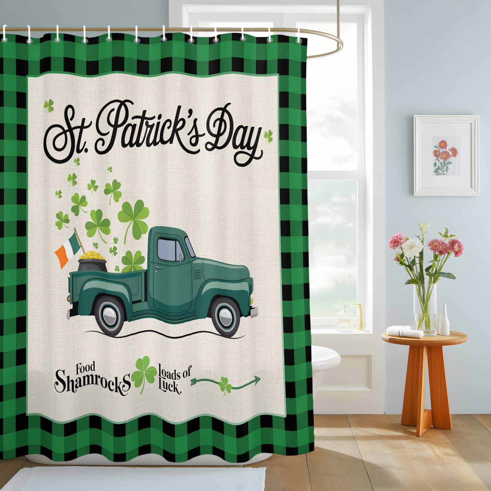 Bathroom Shower Curtain Farm Truck St. Patrick's Day Green Clovers ...