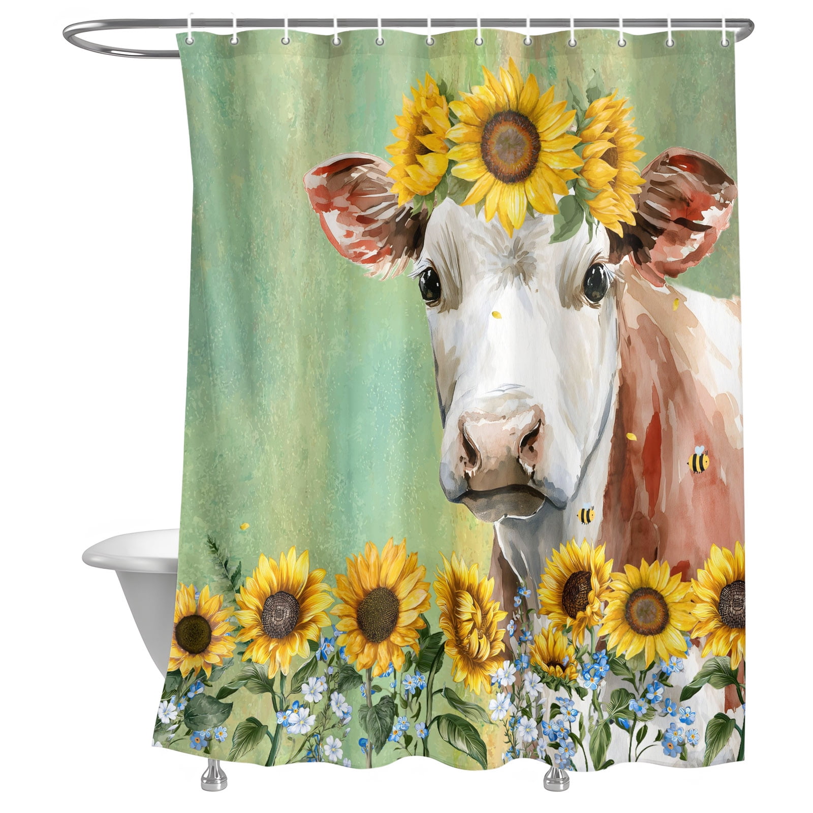 Bathroom Shower Curtain Farm Watercolor Cow Sunflower Waterproof Shower ...