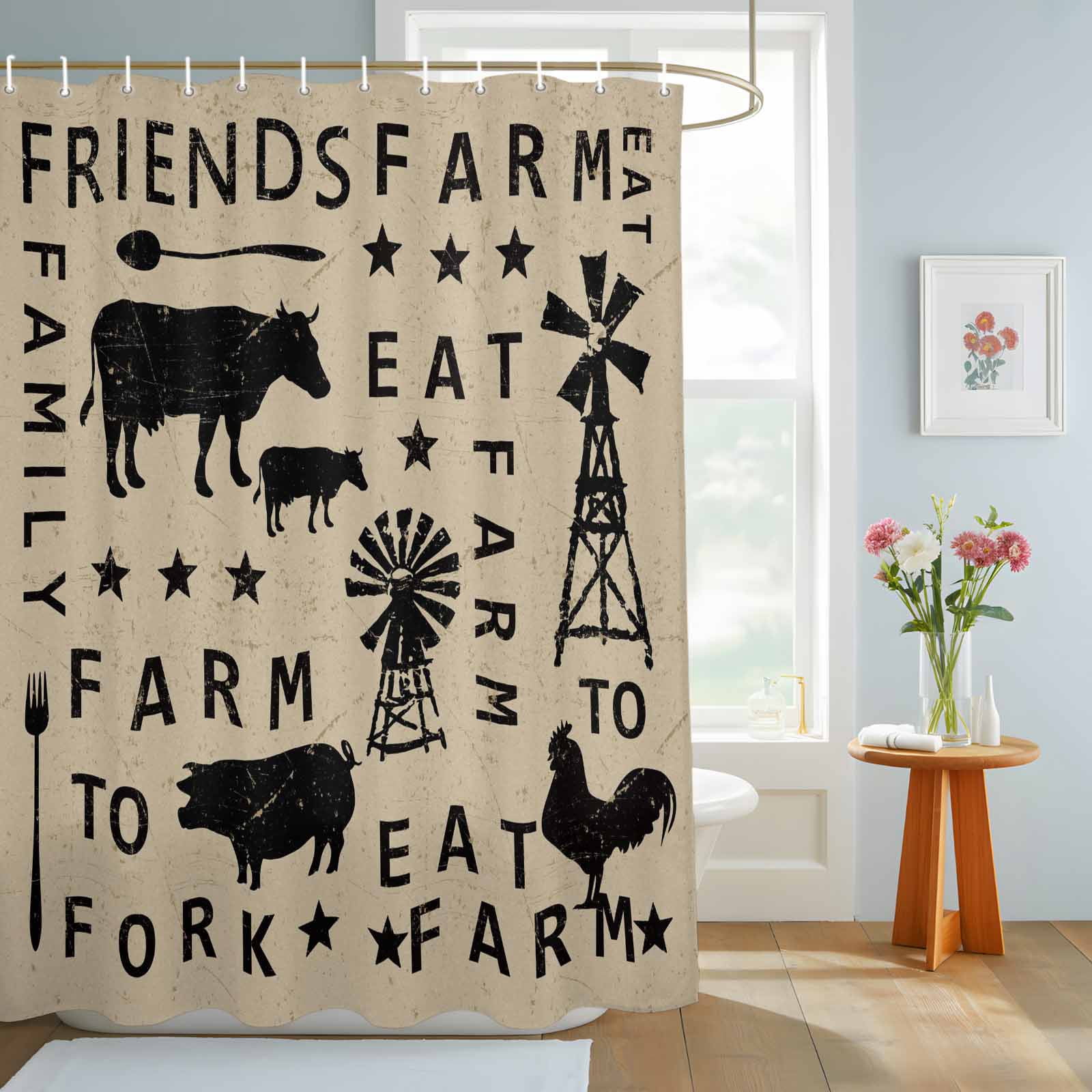Bathroom Shower Curtain Farmhouse Animal Cow Pig Chicken Waterproof ...