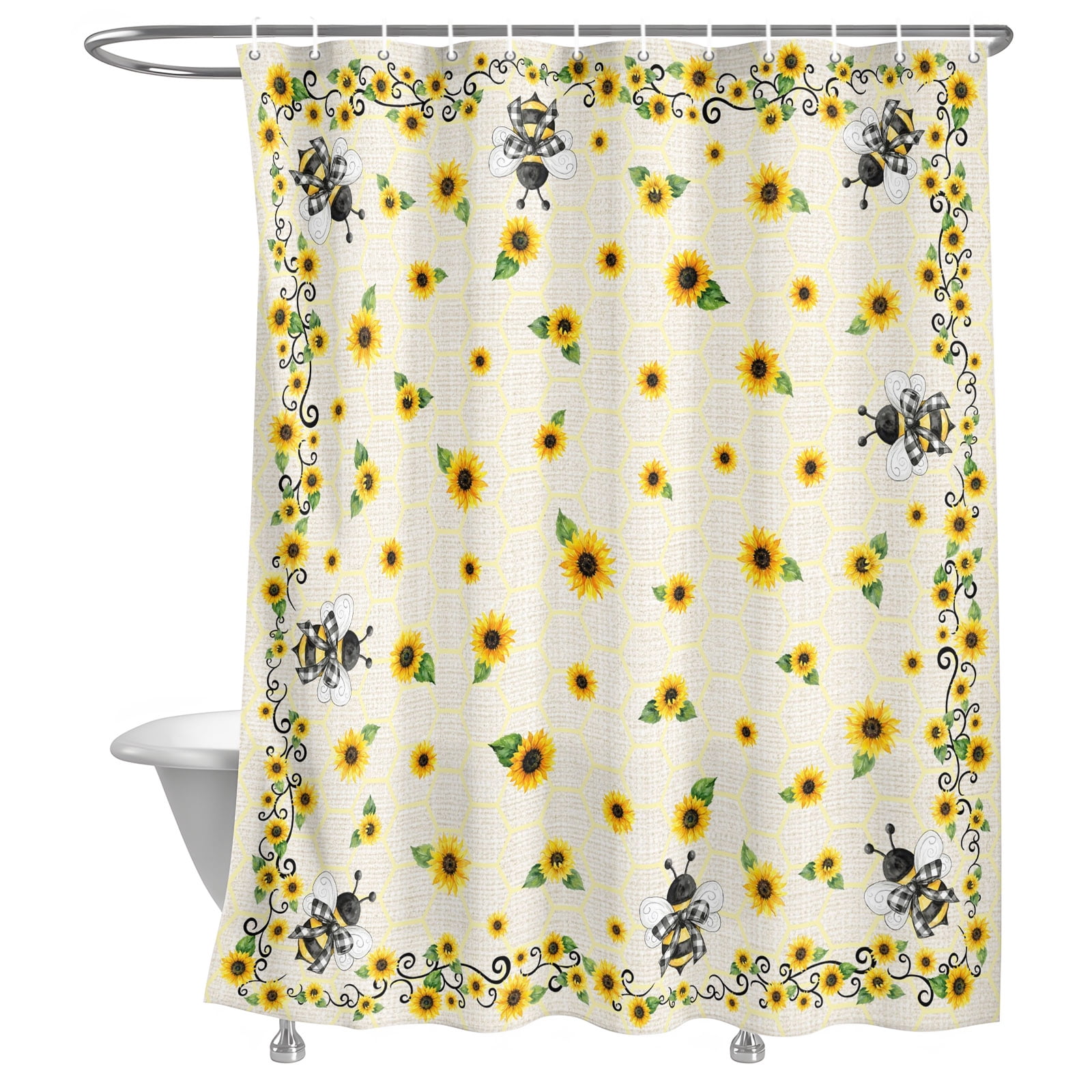 Bathroom Shower Curtain Farmhouse Bee Sunflower Leaf Waterproof Shower ...