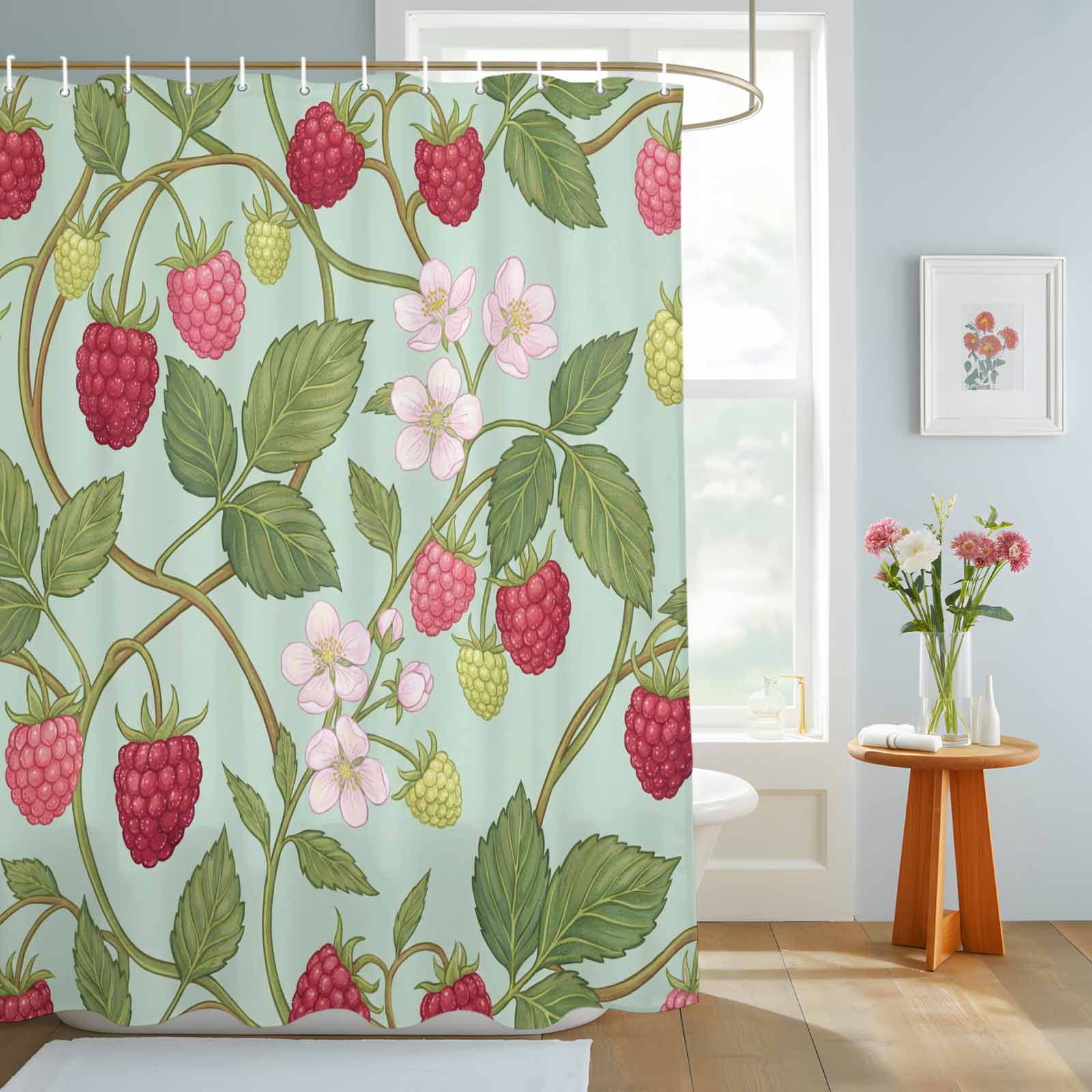 Bathroom Shower Curtain Farmhouse Berry Red Pink Blossoms Flower ...